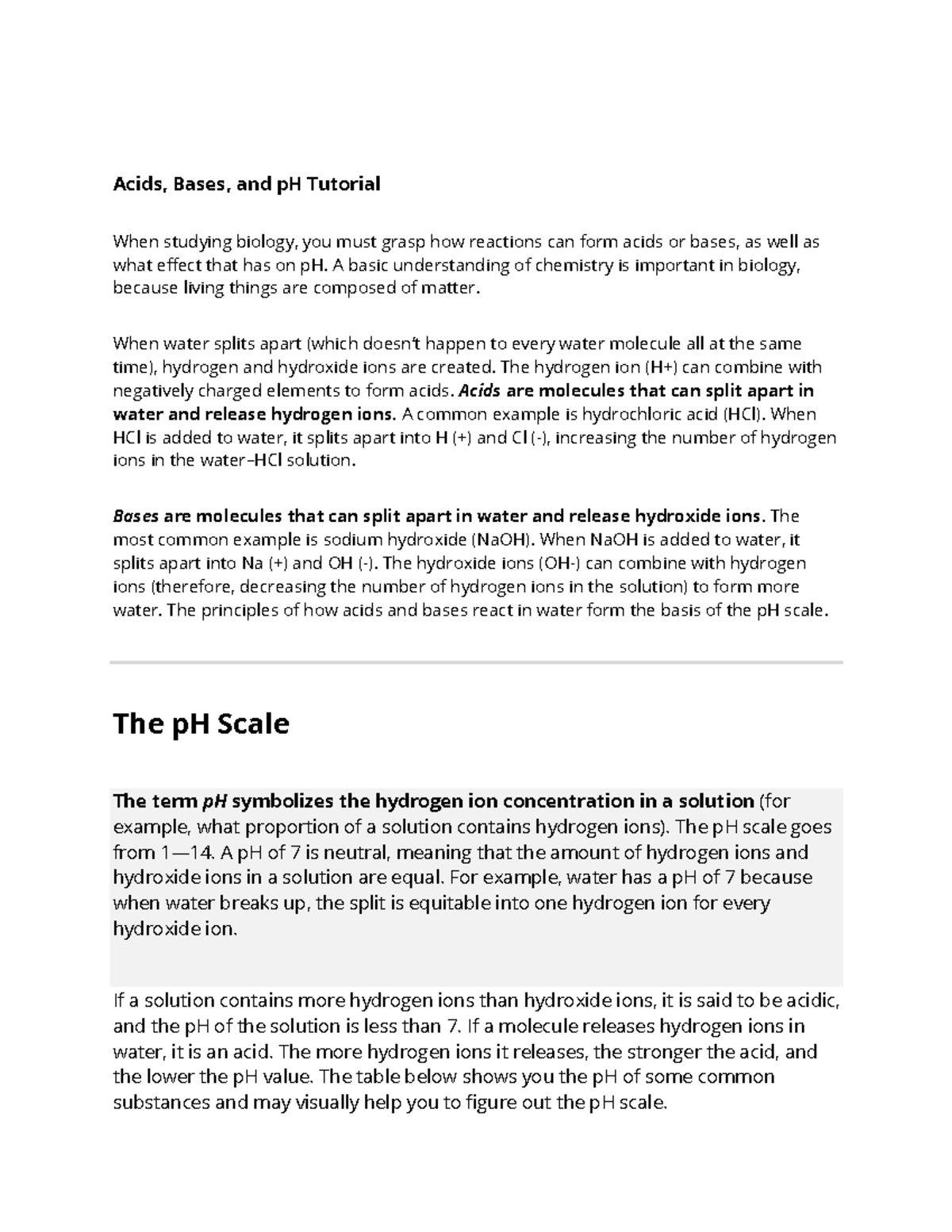 Acids, Bases and p H Tutorial - Acids, Bases, and pH Tutorial When studying biology, you must ...