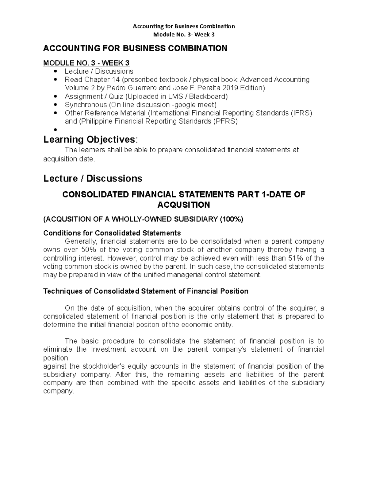 Module No. 3- Week 3 Acctg. for Business Combination - Module No. 3 ...