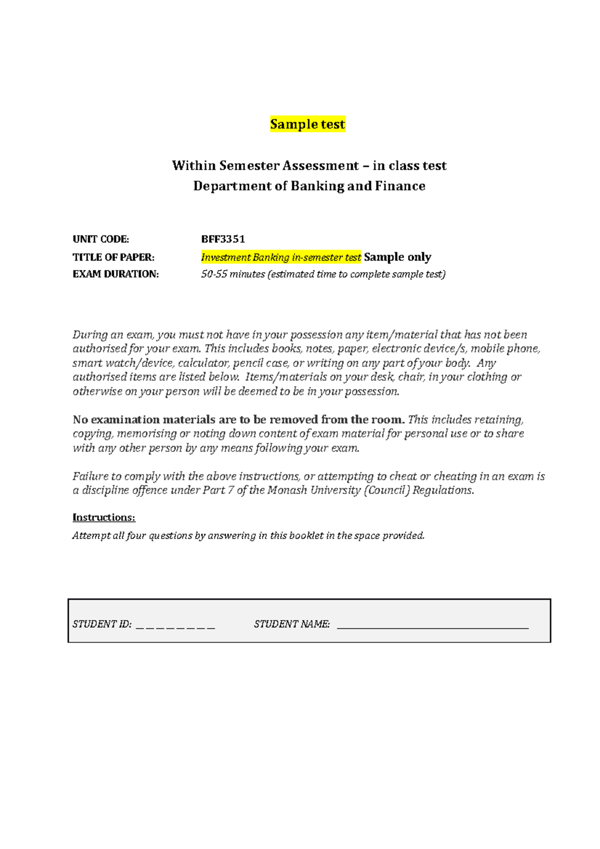 Sample test questions - Sample test Within Semester Assessment – in ...