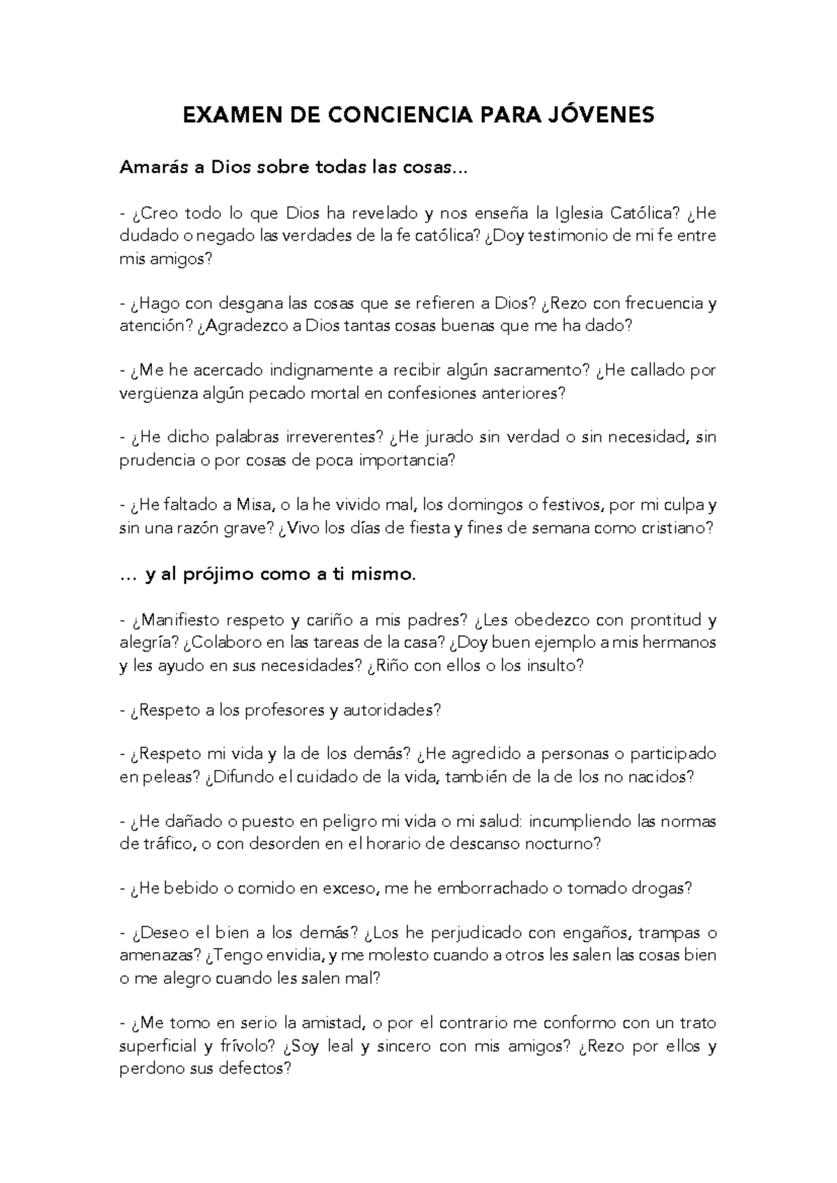 Examen DE Conciencia PARA Jóvenes - EXAMEN DE CONCIENCIA PARA JÓVENES Amarás a Dios sobre todas ...