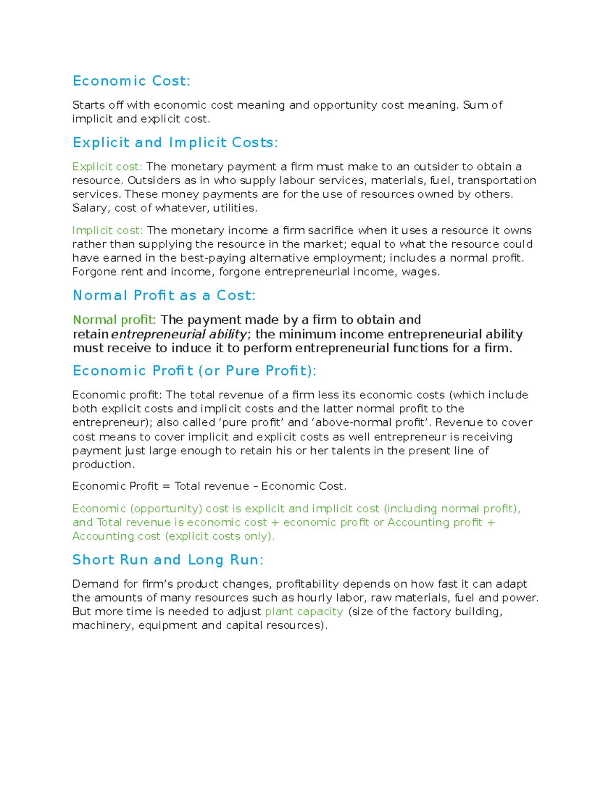 EKN 110 Chapter 4 - Economic Cost: Starts off with economic cost ...