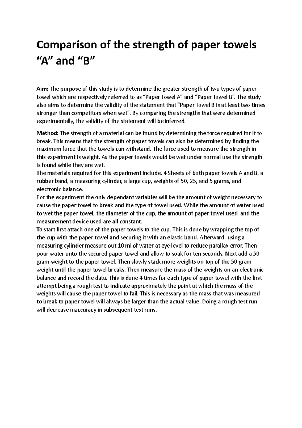 Prac 1 - Task to test the strength of paper towels to verify whether ...