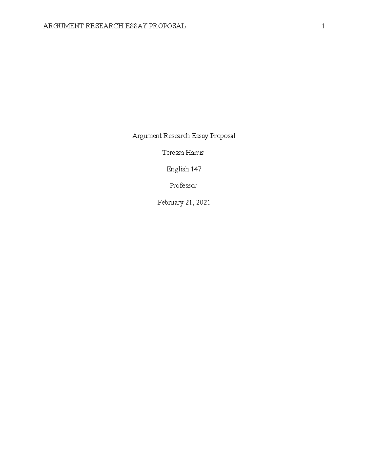Argument English paper - Argument Research Essay Proposal Teressa ...