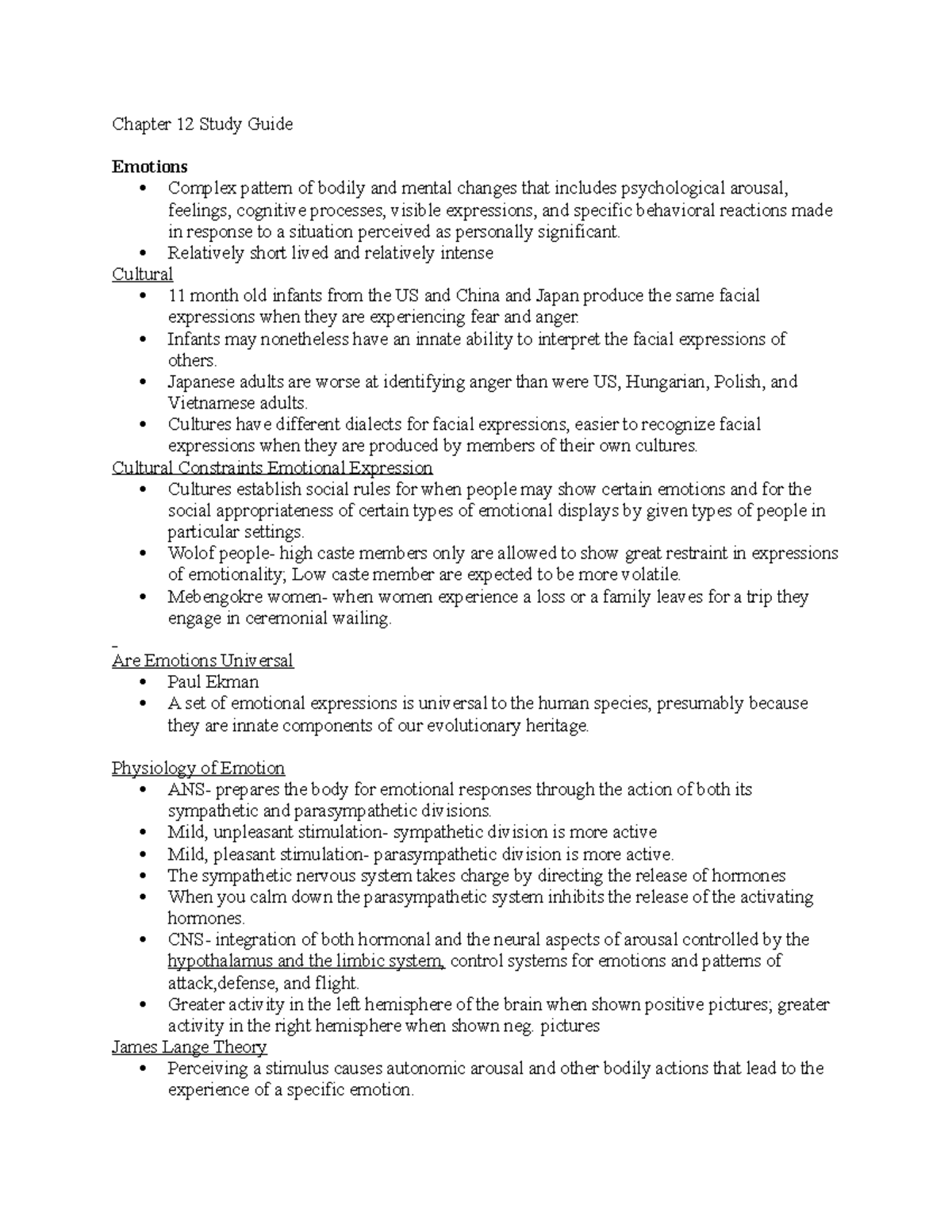 Chapter 12 Study Guide - Chapter 12 Study Guide Emotions Complex ...