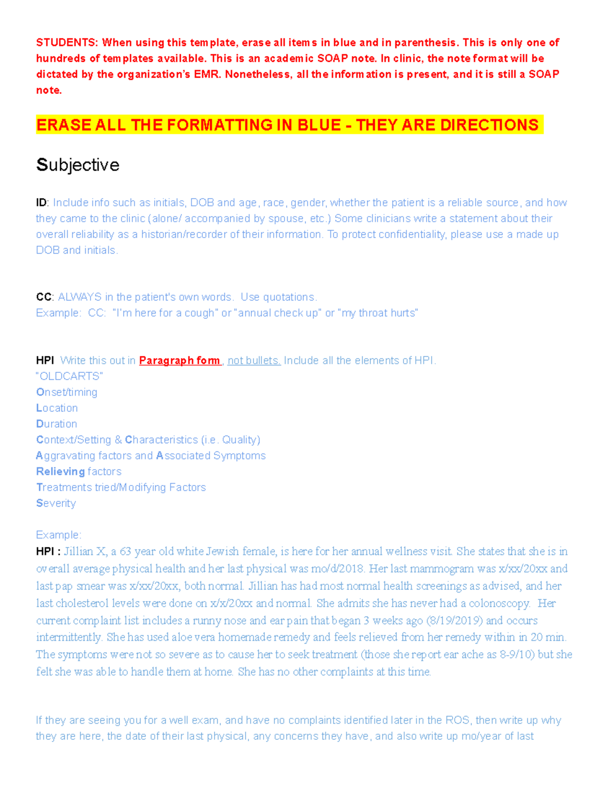 Health History Worksheet SOAP note Template - STUDENTS: When using this ...