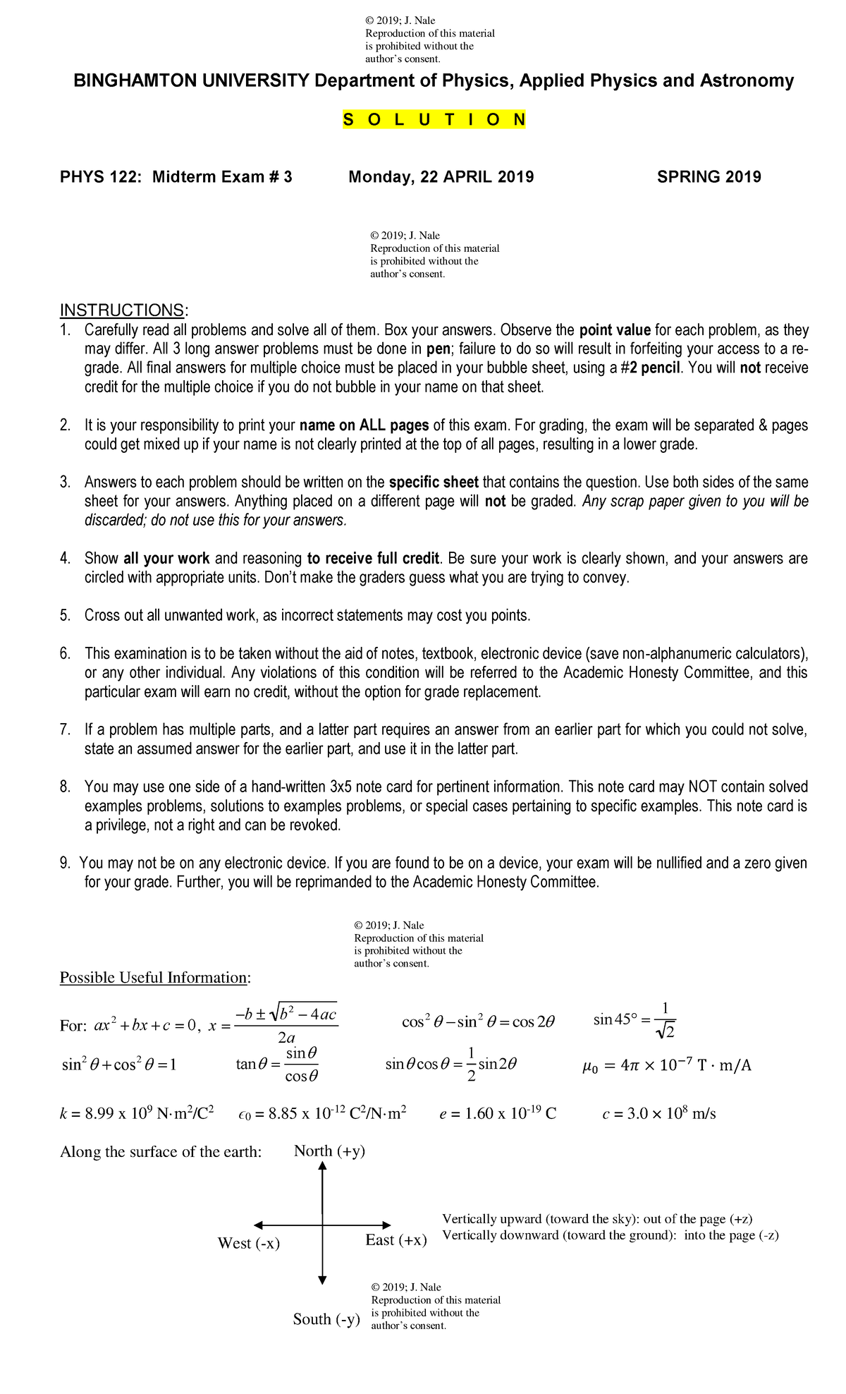Physics 122 exam 3 2019 - Reproduction of this material is prohibited without the author’s ...