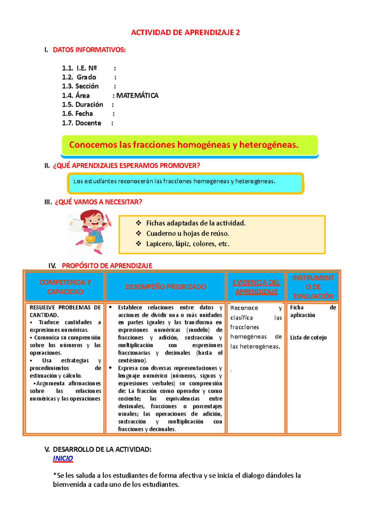 Fracciones hete y homog - ACTIVIDAD DE APRENDIZAJE 2 I. DATOS ...