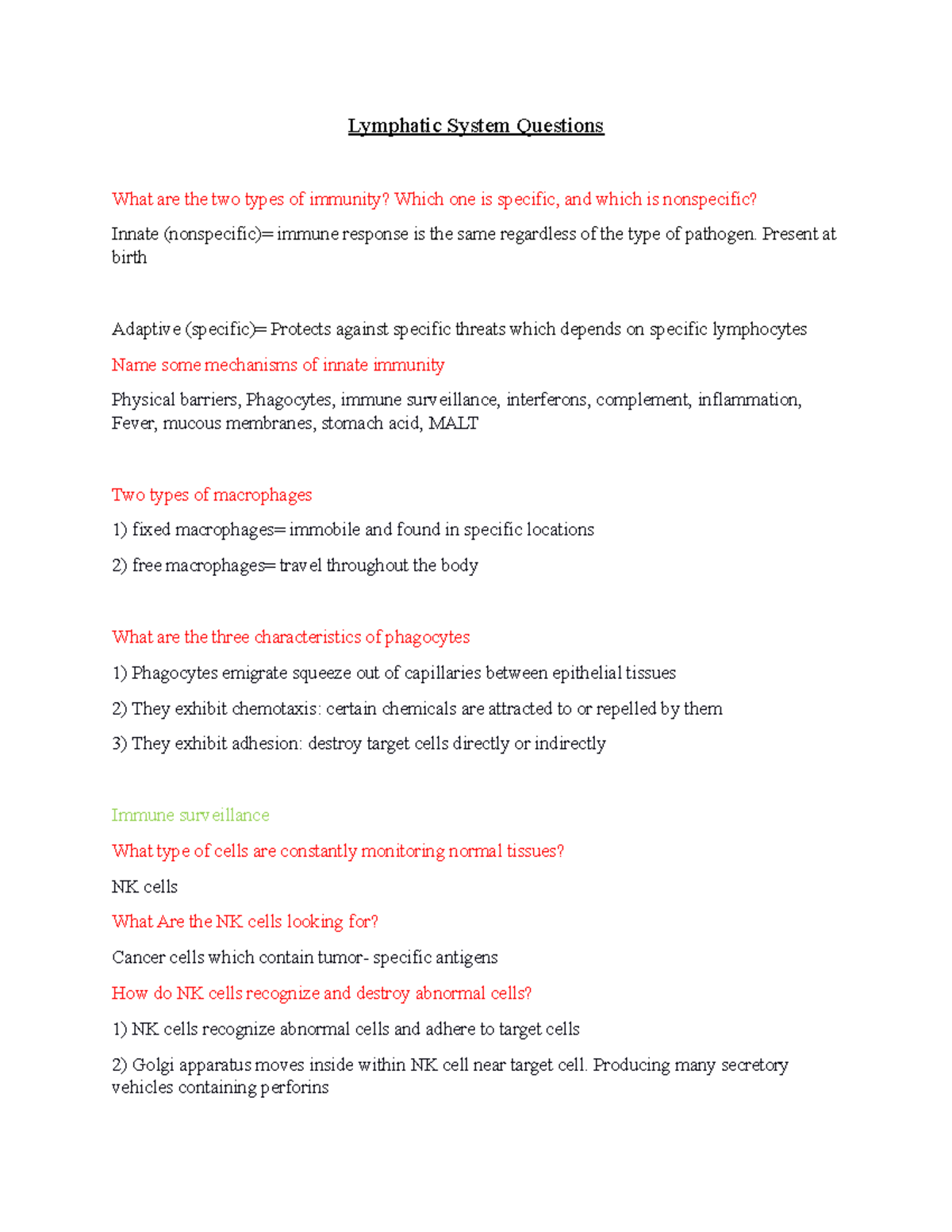 Document 33 - notes - Lymphatic System Questions What are the two types ...