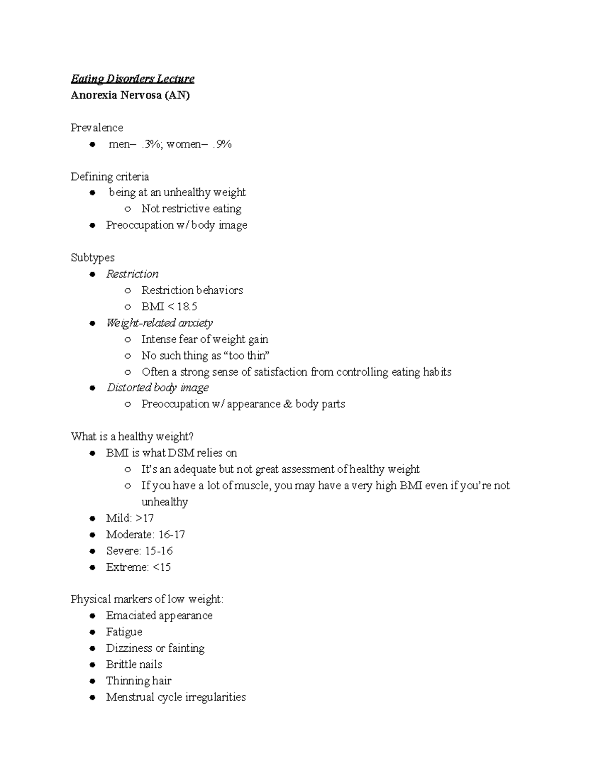 Adult Abnormal Behavior unit 3 notes - Eating Disorders Lecture ...