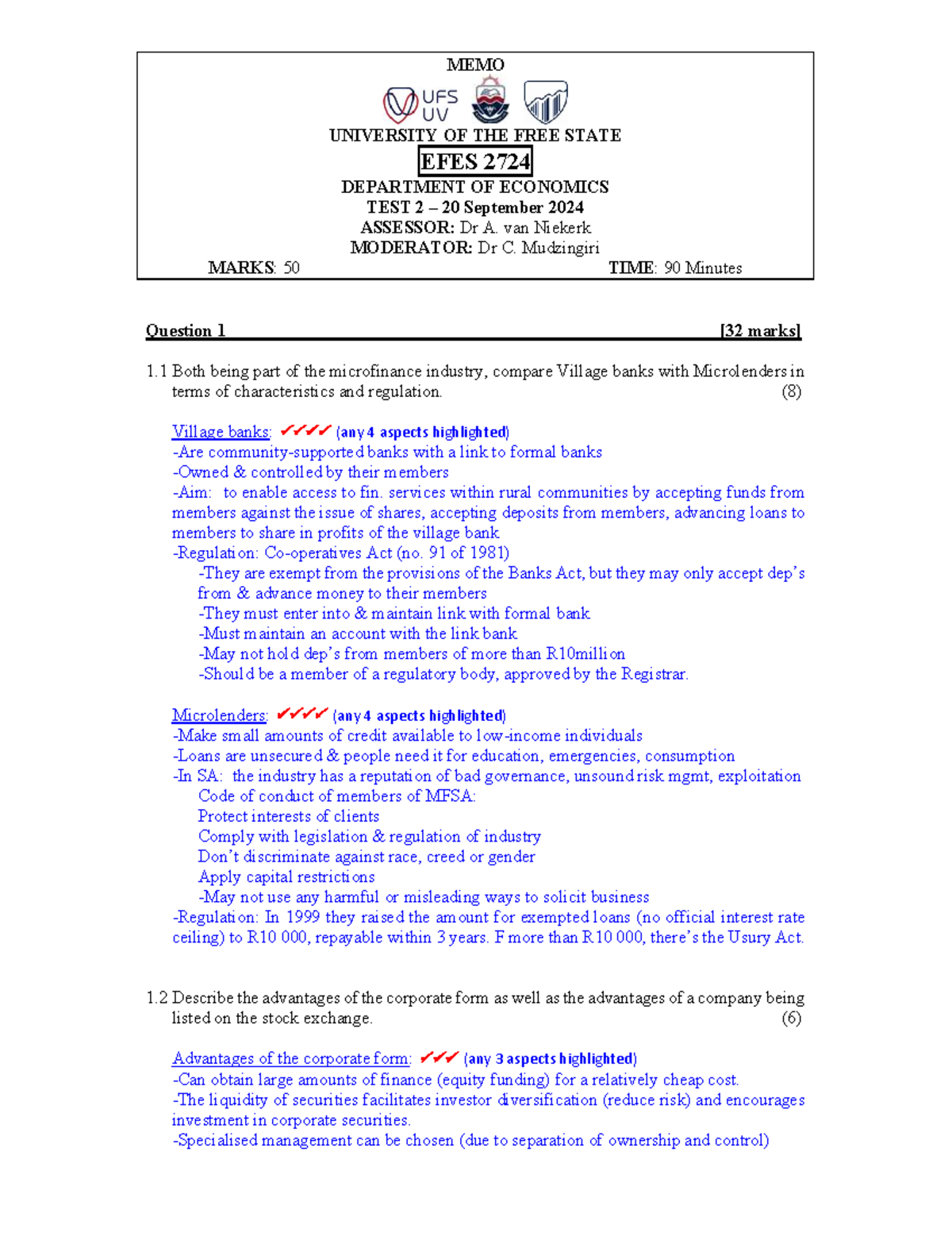 EFES2724 T2 2024 Memo - Test 2 with Memo 2024 - MEMO UNIVERSITY OF THE ...