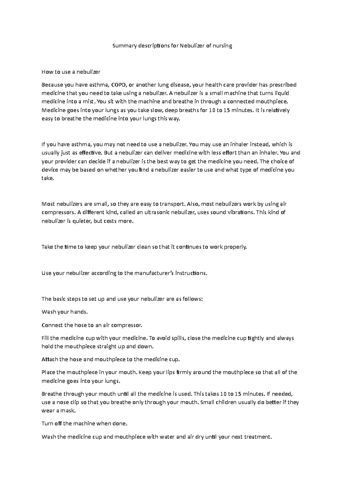 Summary descriptions for Nebulizer of nursing - A nebulizer is a small ...