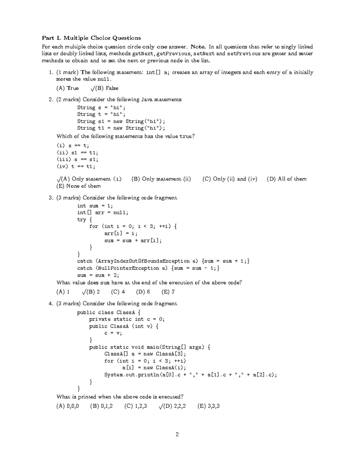 Solution - Practice midterm - Part I. Multiple Choice Questions For each multiple choice ...