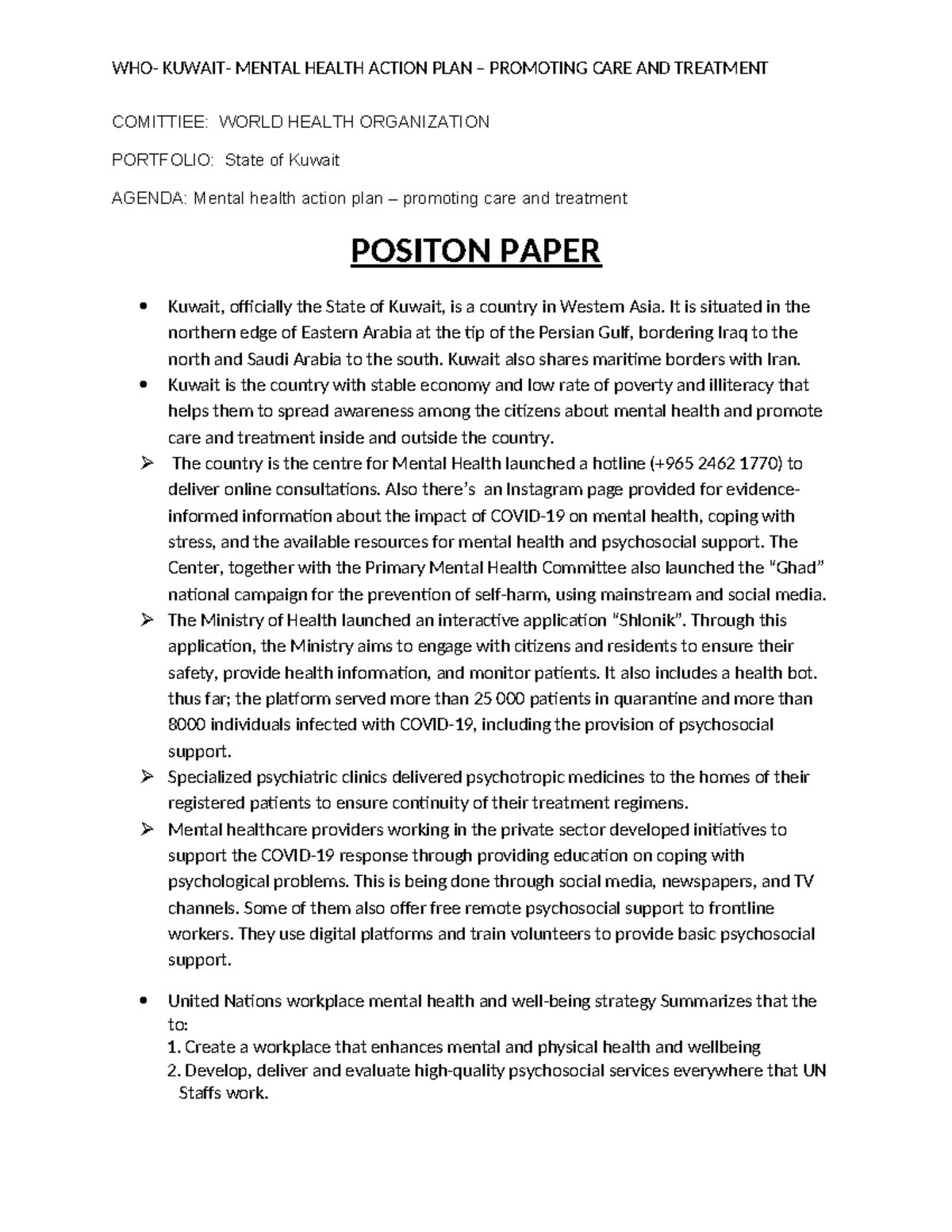 Sample Positon Paper - None - WHO- KUWAIT- MENTAL HEALTH ACTION PLAN ...
