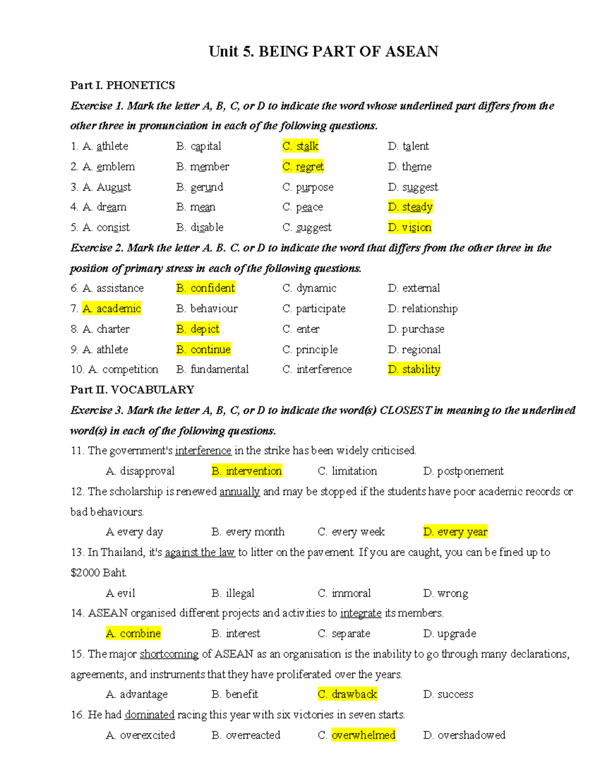 UNIT 5 - lop 12 - Unit 5. BEING PART OF ASEAN Part I. PHONETICS ...