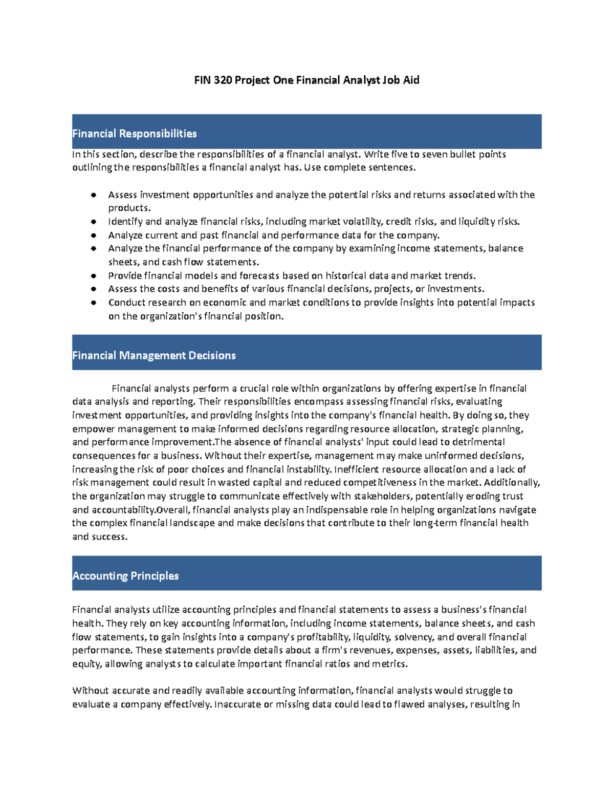 FIN 320 Project One Financial Analyst Job Aid - Write five to seven ...