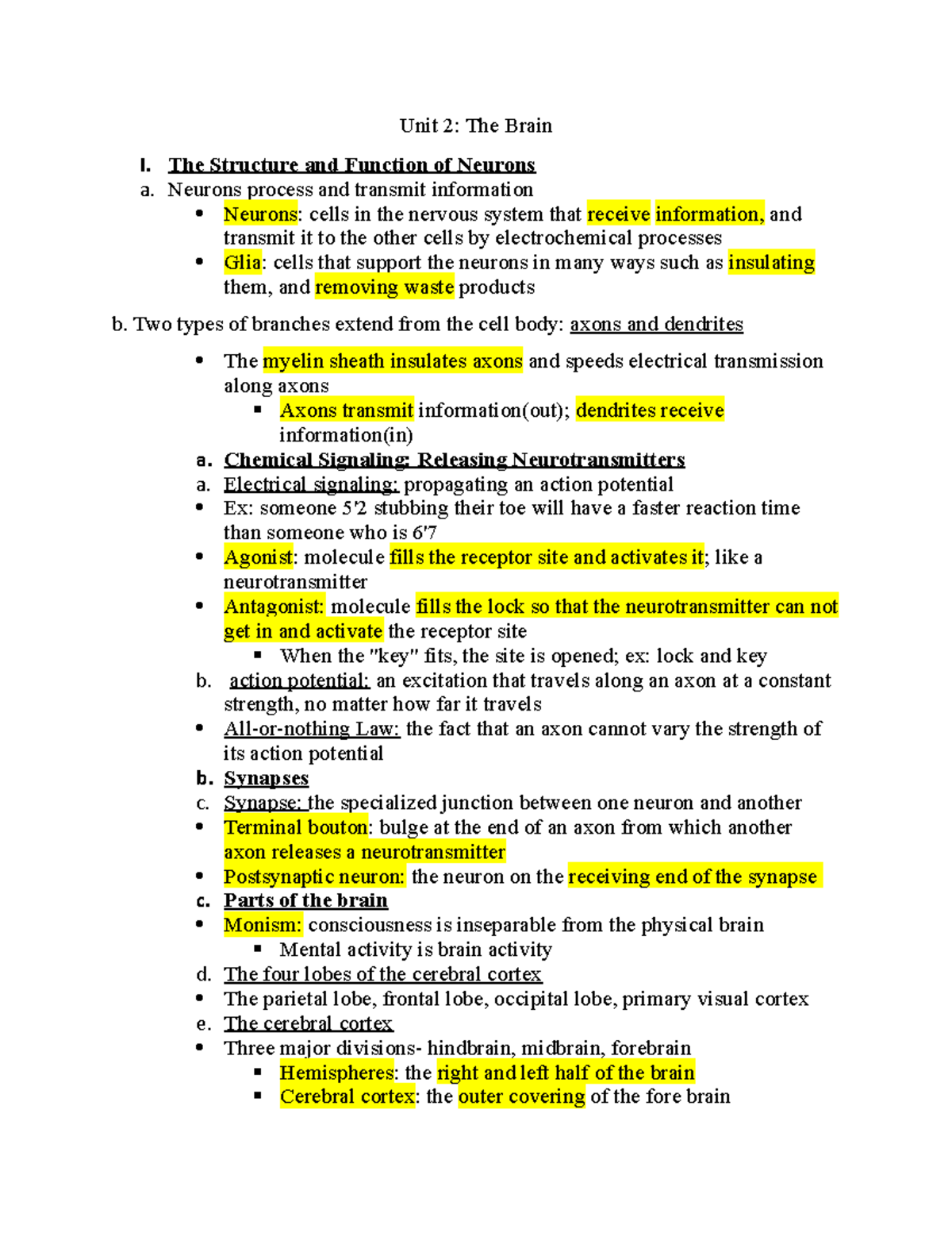 Unit 2 The Brain - psych101 - Unit 2: The Brain I. The Structure and ...