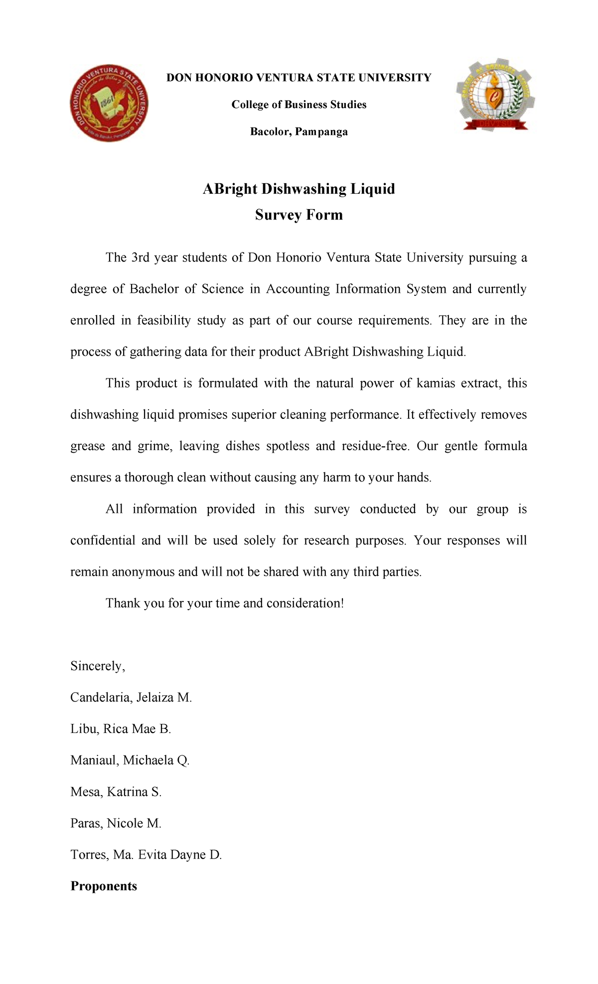 Survey Form - fghjk - DON HONORIO VENTURA STATE UNIVERSITY College of ...