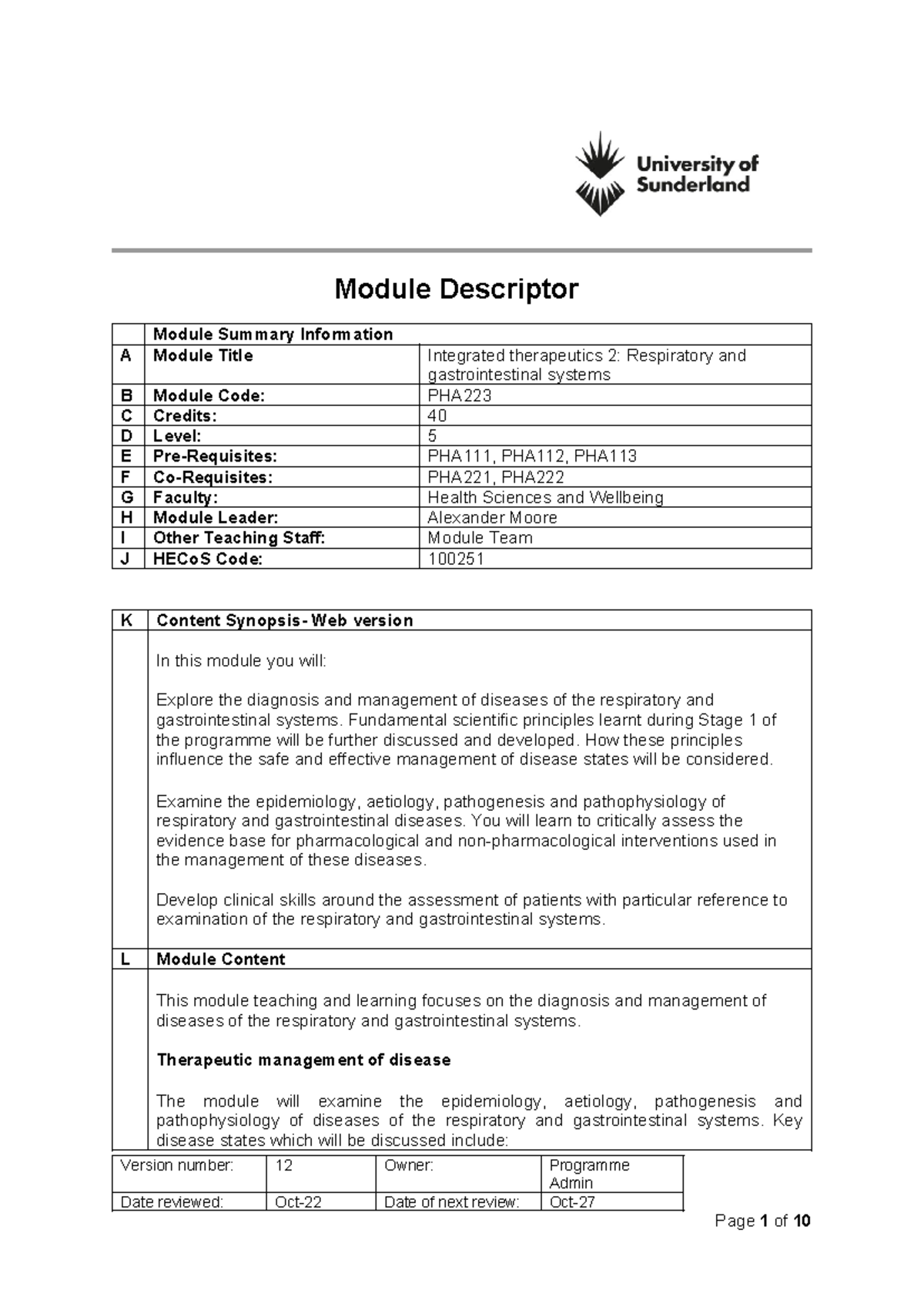 PHA 223 - Module Descriptor - Module Descriptor Module Summary ...