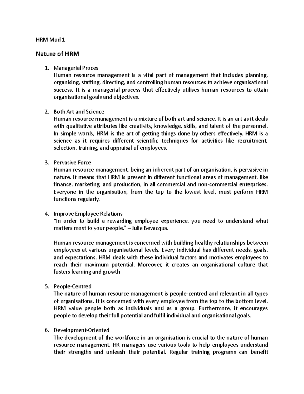 HRM 1 - HRM Mod 1 Nature of HRM Managerial Proces Human resource management is a vital part of ...