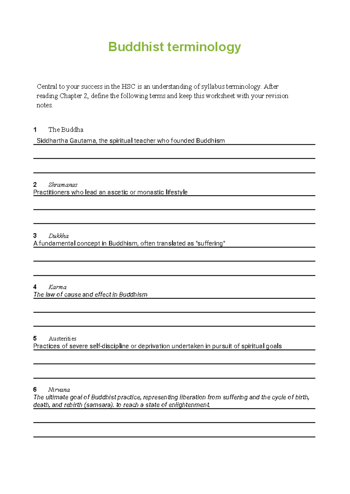 Buddhism Holiday homework task 2 - Buddhist terminology Central to your ...