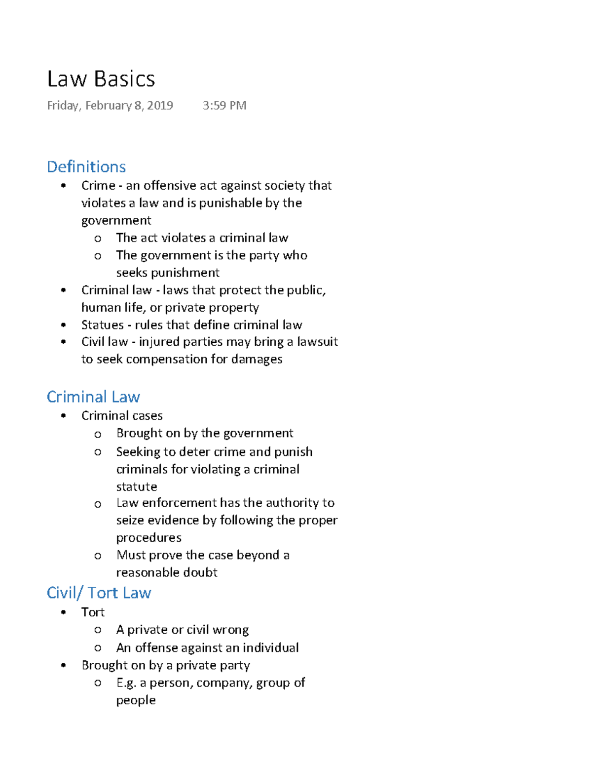 Law Basics - Lecture notes - Definitions Crime - an offensive act ...