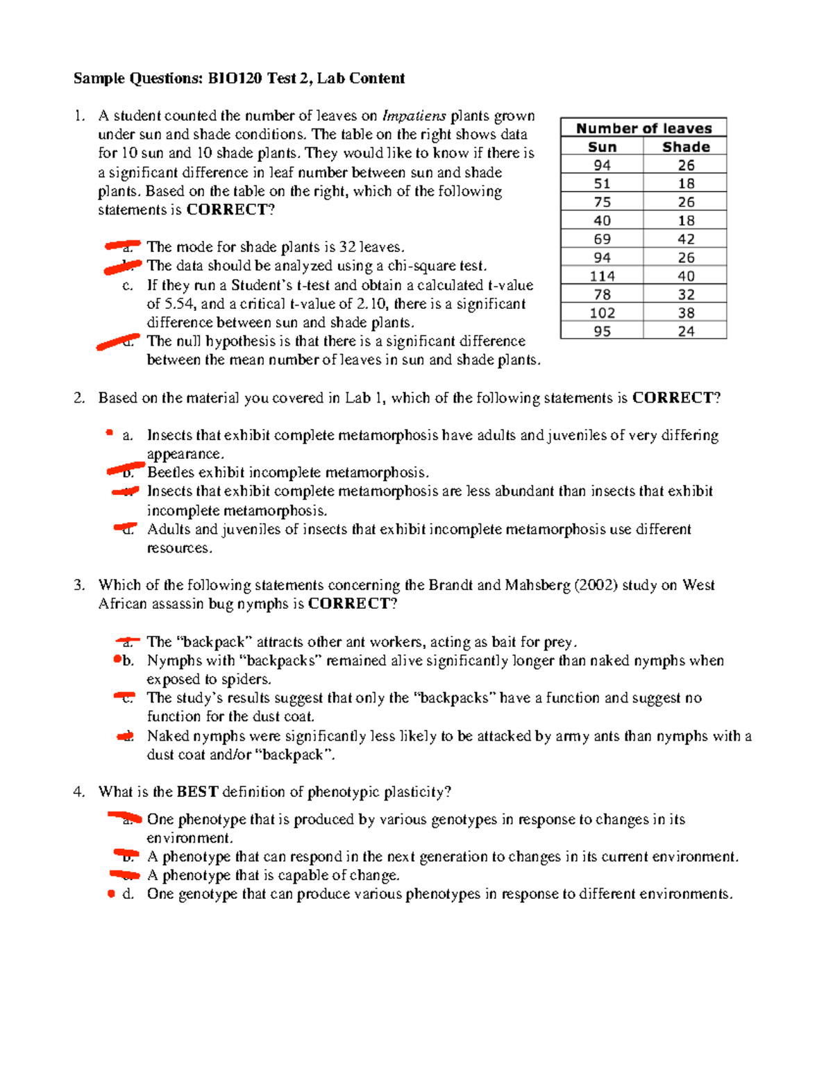 BIO120 2019 Lab component part of midterm - Sample Questions: BIO120 ...