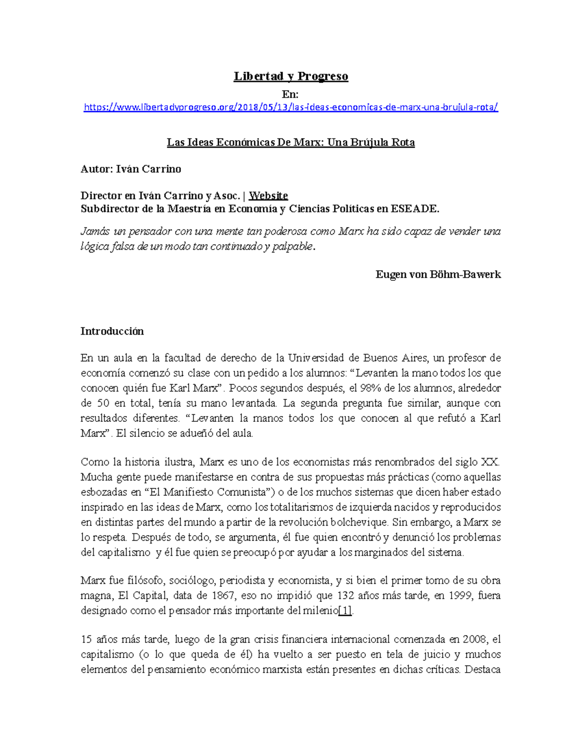 Las ideas económicas de Marx - Libertad y Progreso En: - Studocu