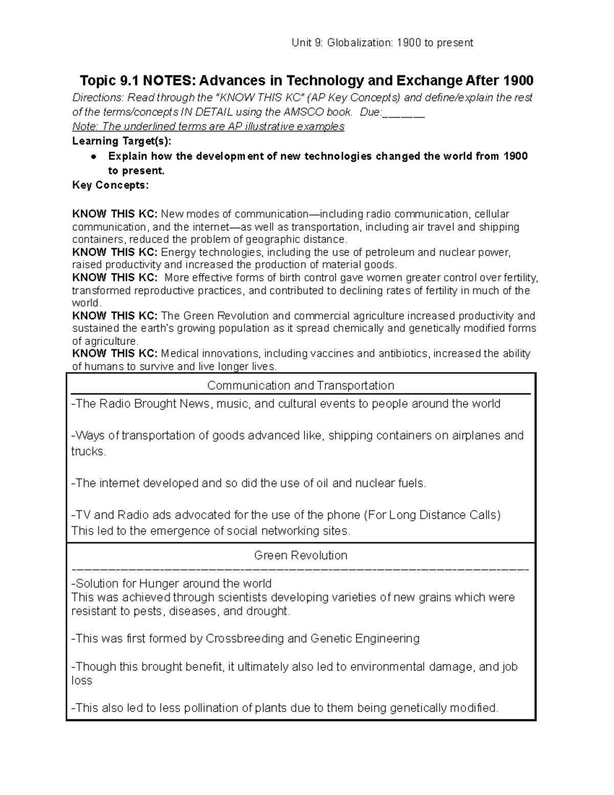 Unit 9 Topic Notes - Topic 9 NOTES: Advances in Technology and Exchange ...