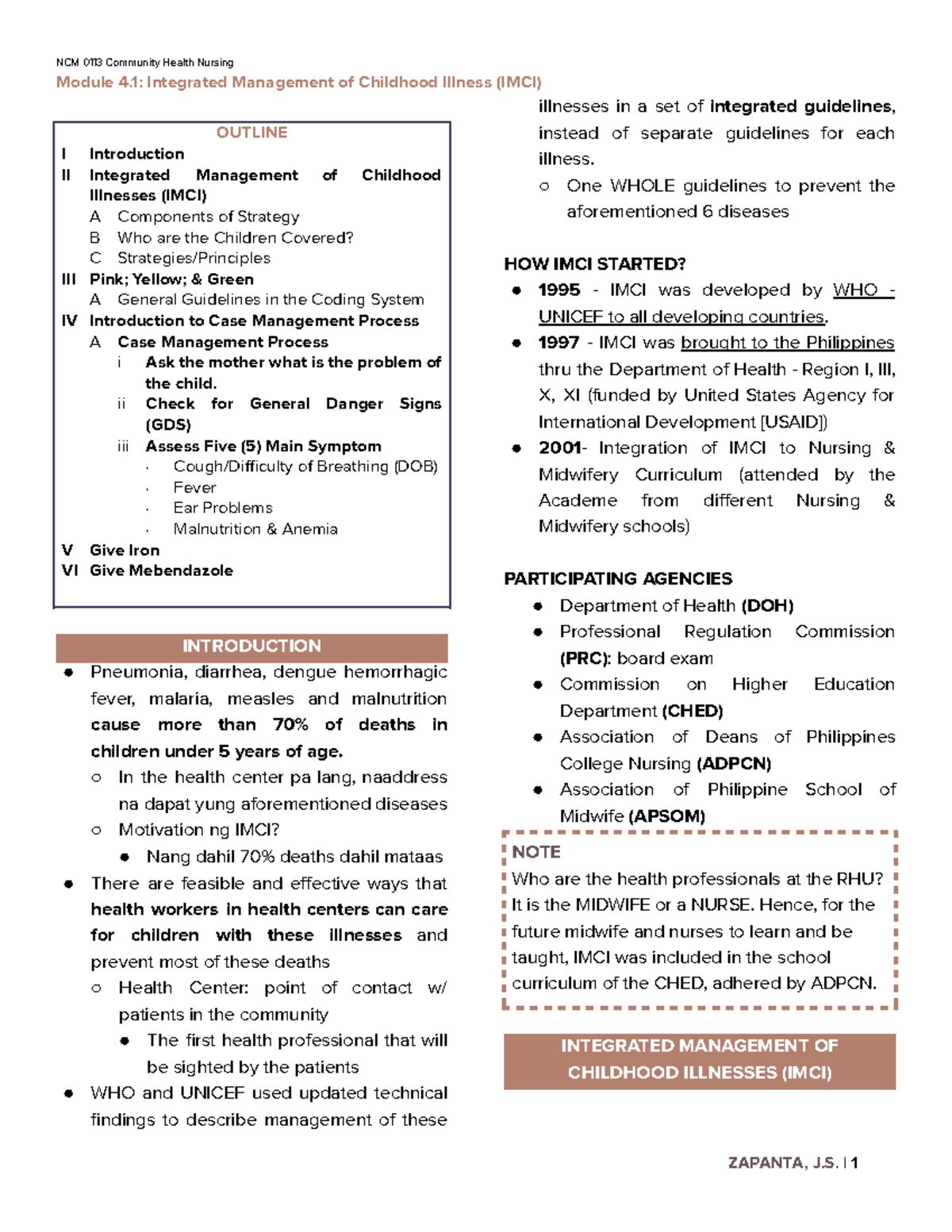 Module 4 - Lecture notes for NCM 0113 Community Health Nursing - Module ...