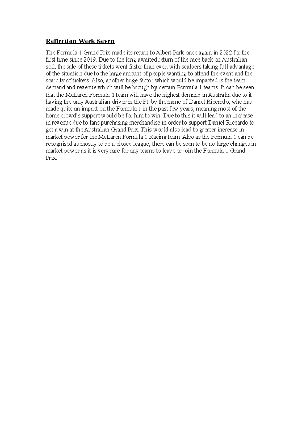 Reflection Week Seven - Reflective task - Reflection Week Seven The ...