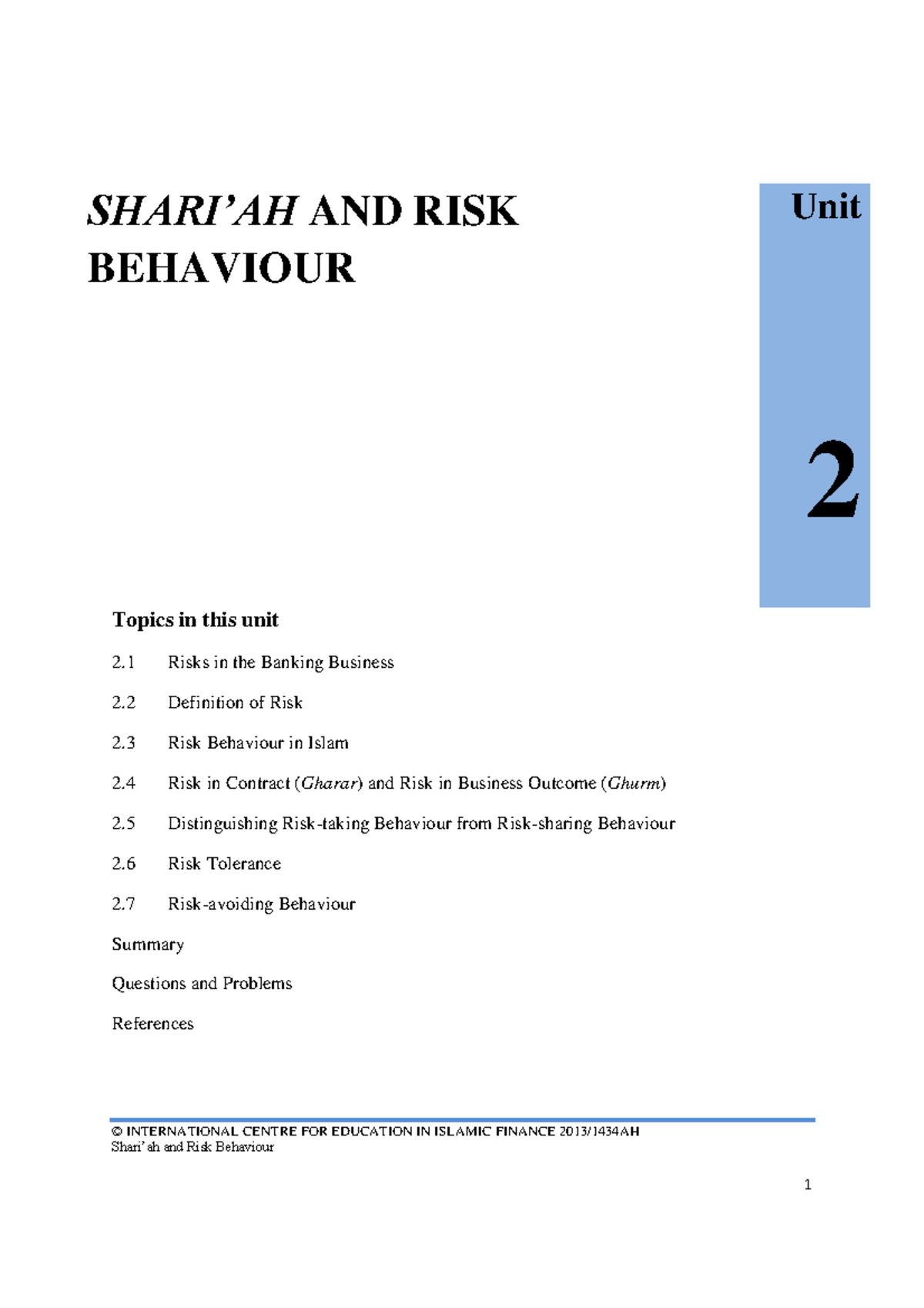 Unit 2 - Shariah and Risk Behaviour (F1) - © INTERNATIONAL CENTRE FOR ...