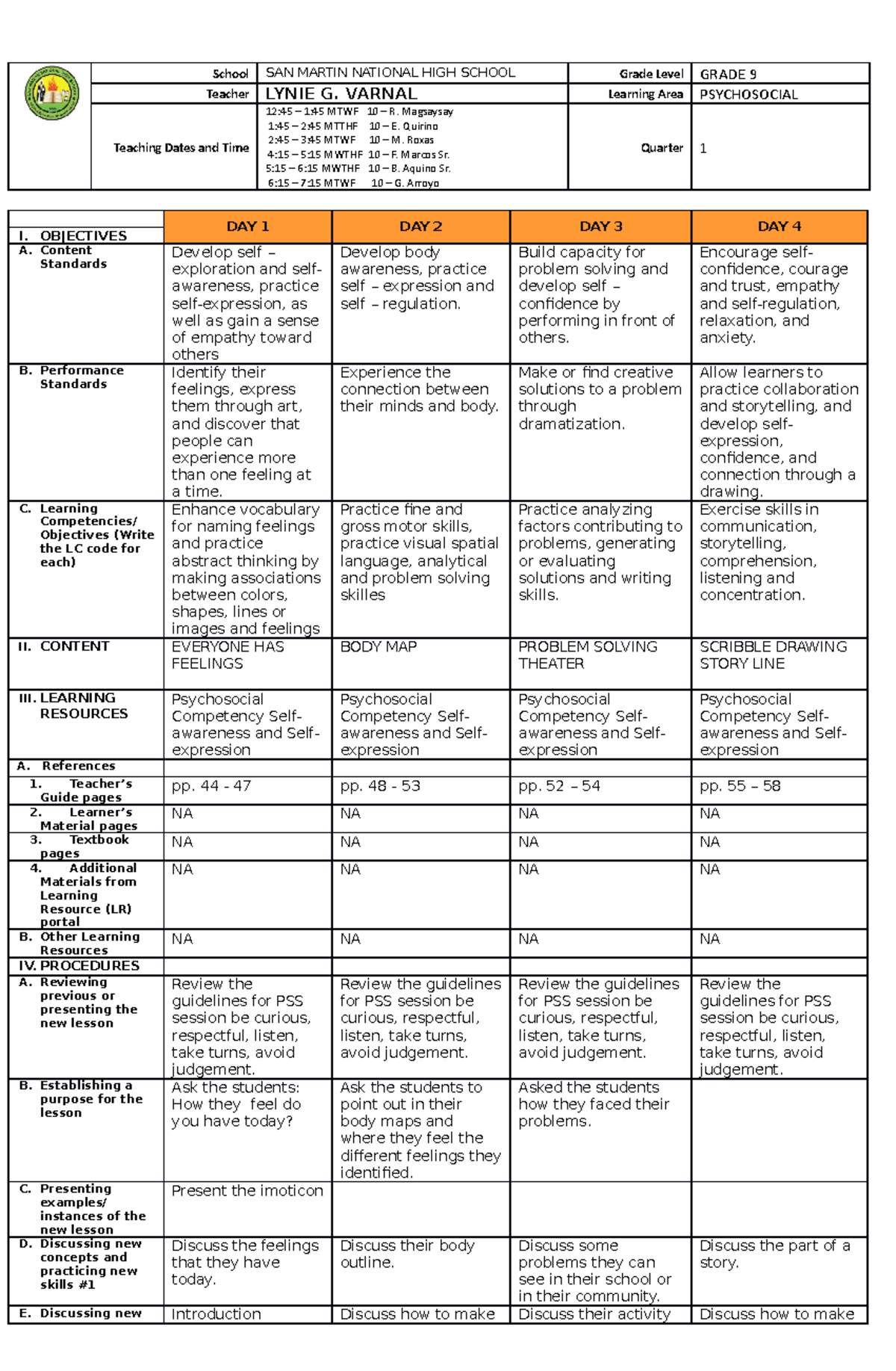 DLL - Sample guide - School SAN MARTIN NATIONAL HIGH SCHOOL Grade Level ...