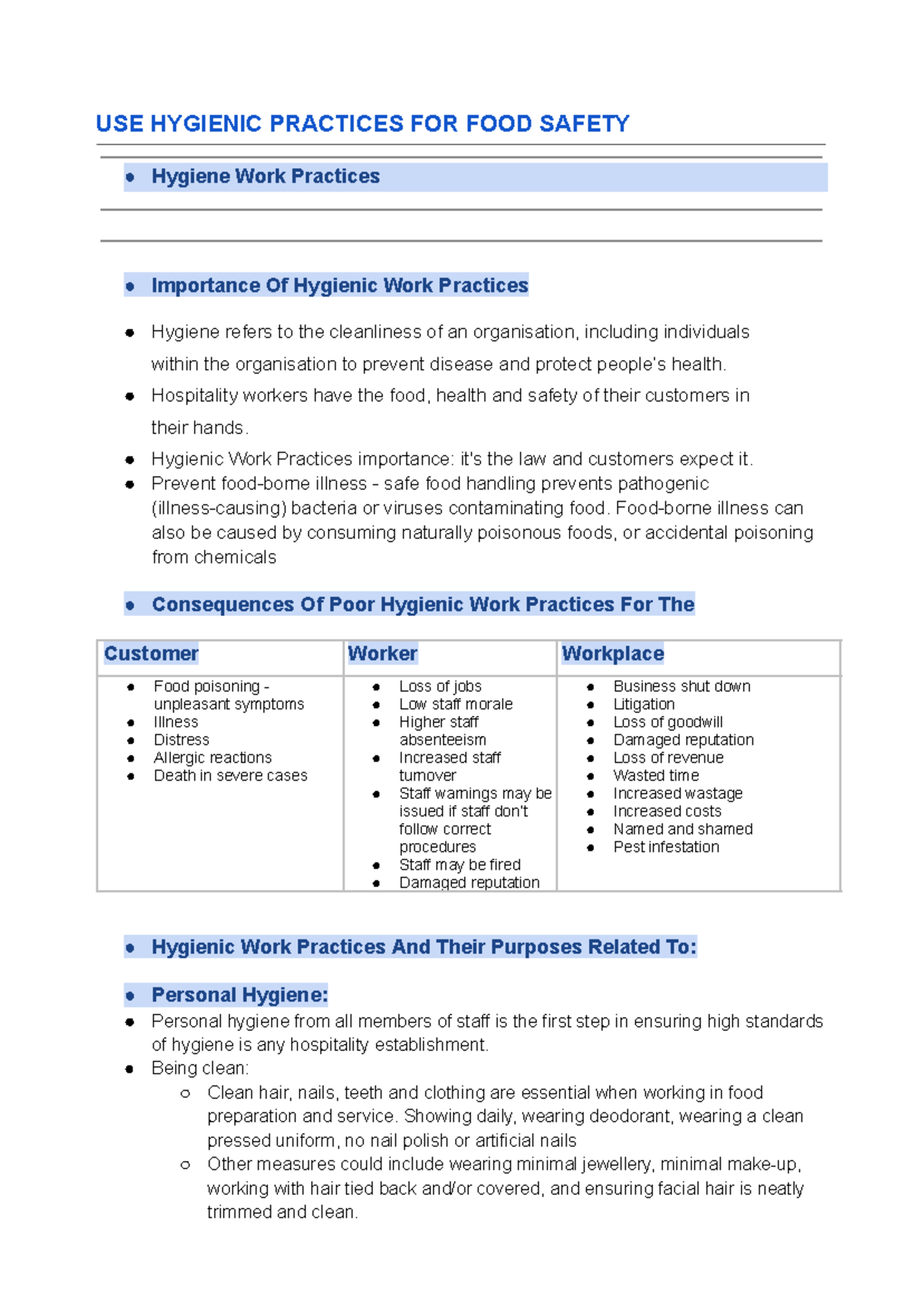 Hospo Hygiene - yada - USE HYGIENIC PRACTICES FOR FOOD SAFETY Hygiene ...
