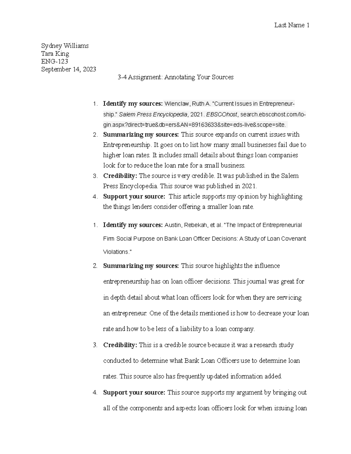 Eng 123 module 3 - Last Name 1 Sydney Williams Tara King ENG- September ...