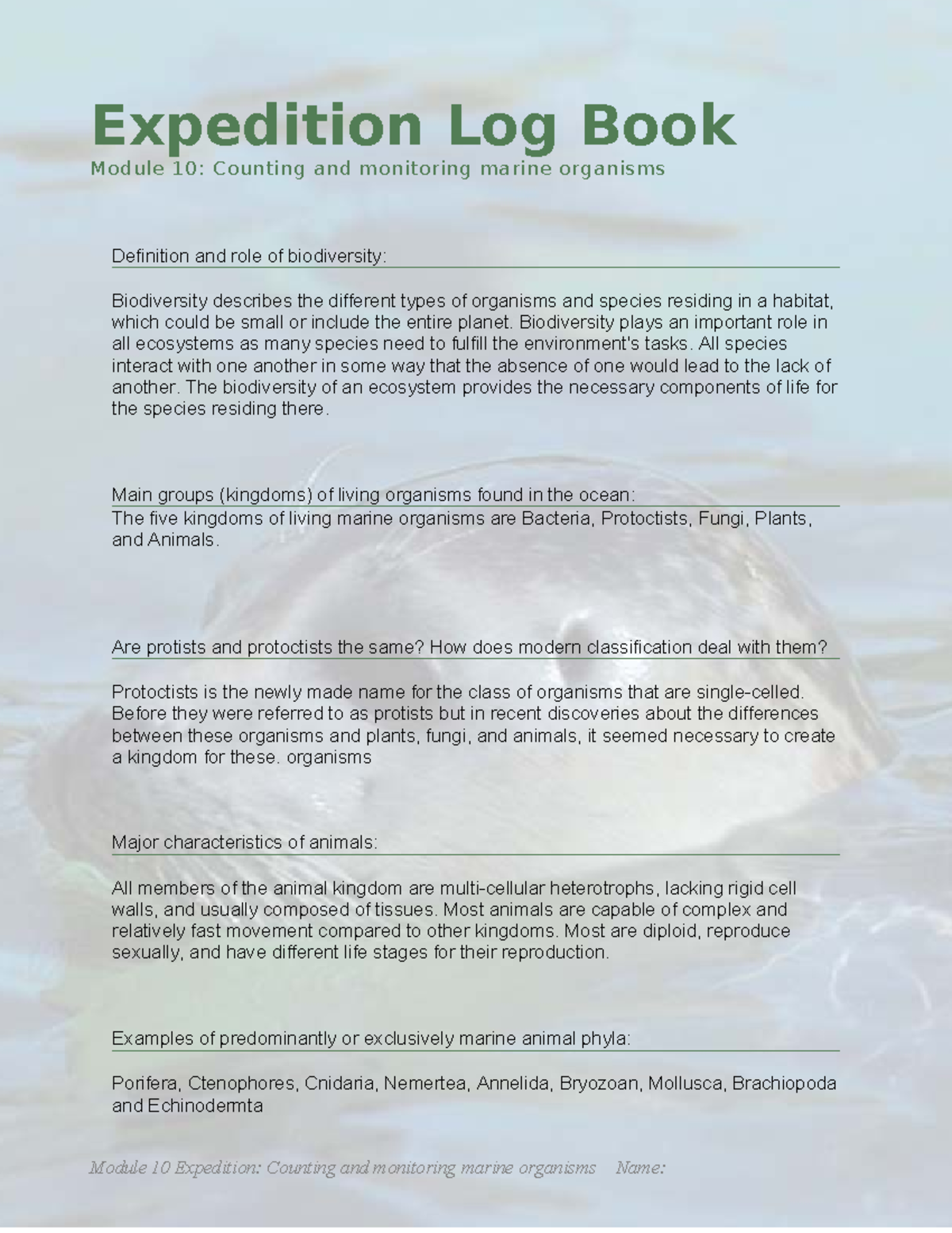 Log Book 10 - Logbook 10 - Module 10: Counting and monitoring marine ...