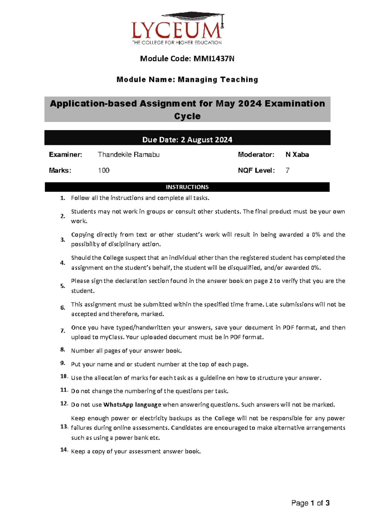 Application-based Assignment B for May 2024 Examination - Page 1 of 3 ...