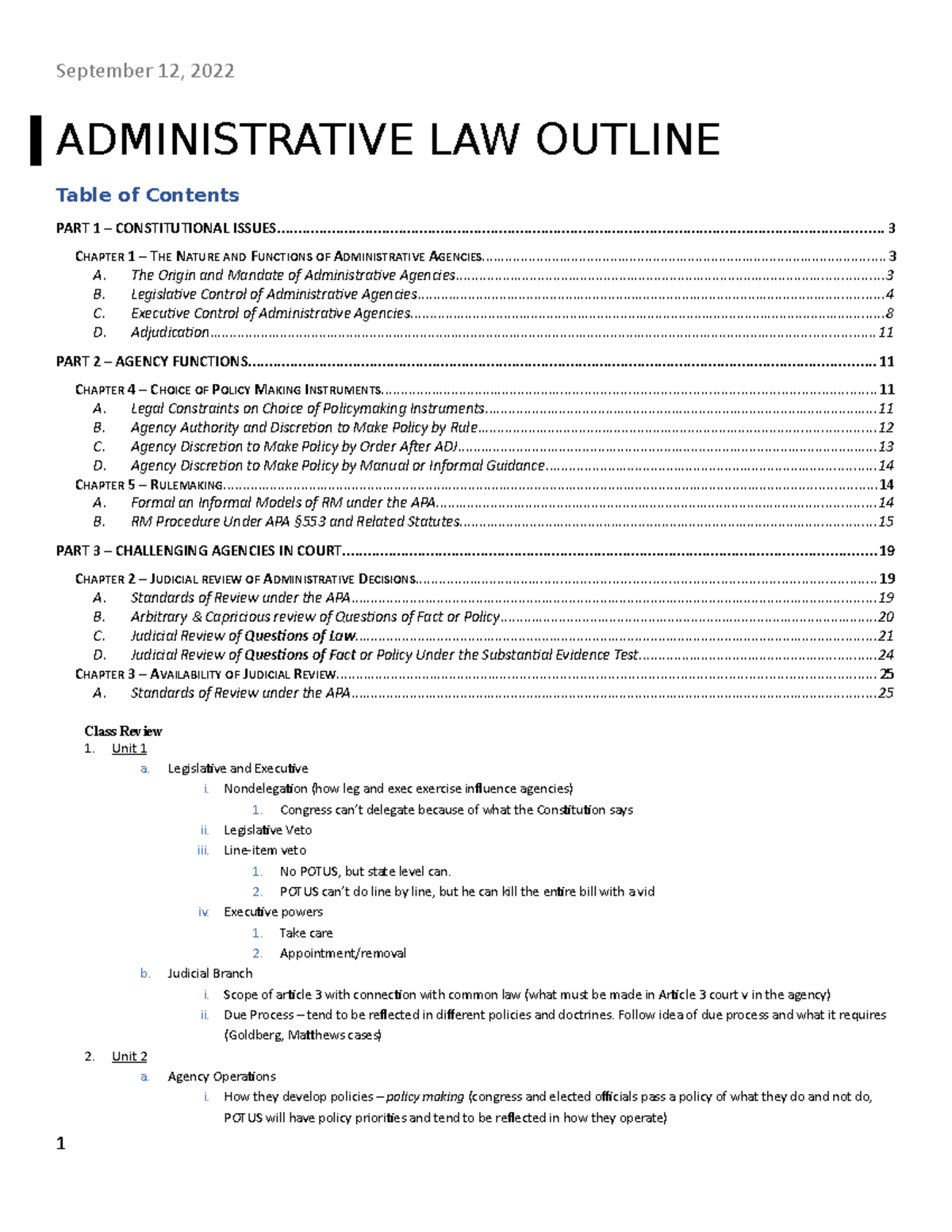 Administrative Law Outline - September 12, 2022 ADMINISTRATIVE LAW ...