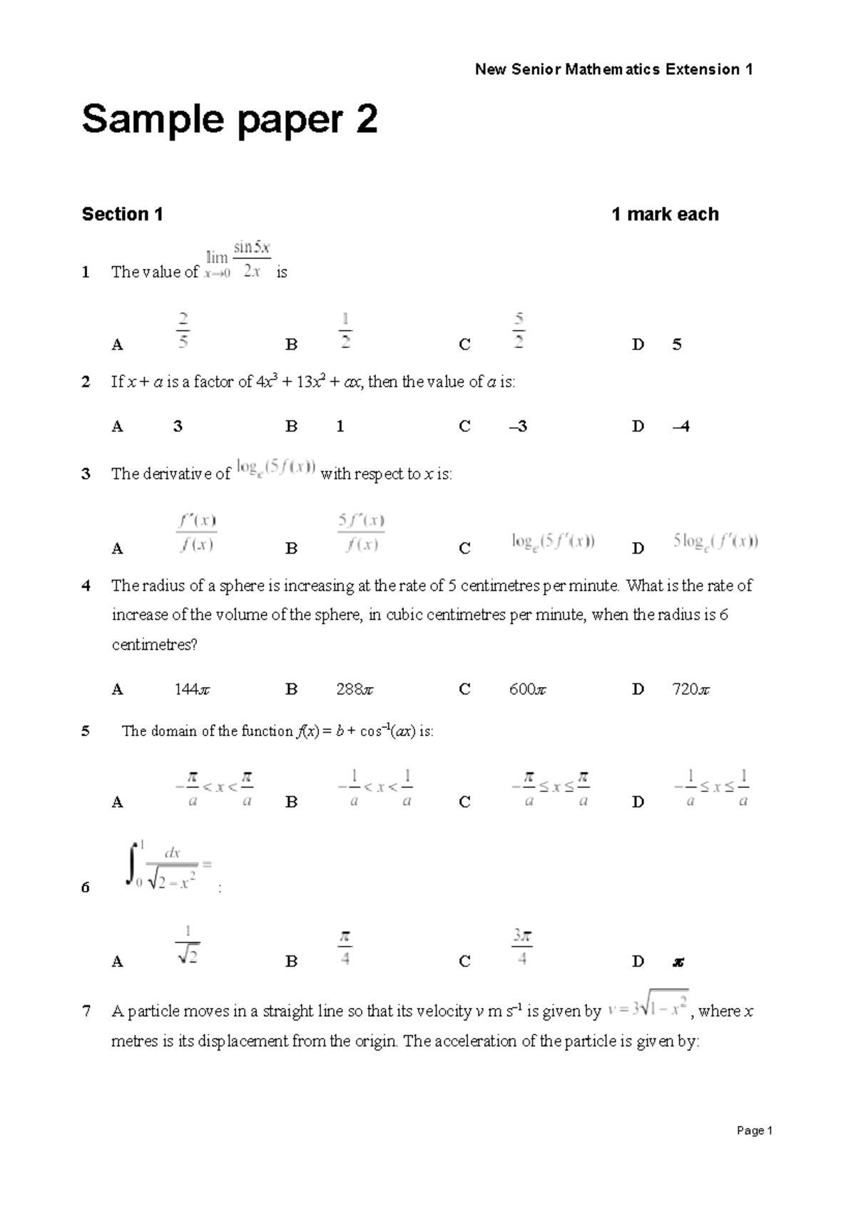 Ext 1 Sample exam 2 - Practice Exam - Sample paper 2 Section 1 1 mark ...