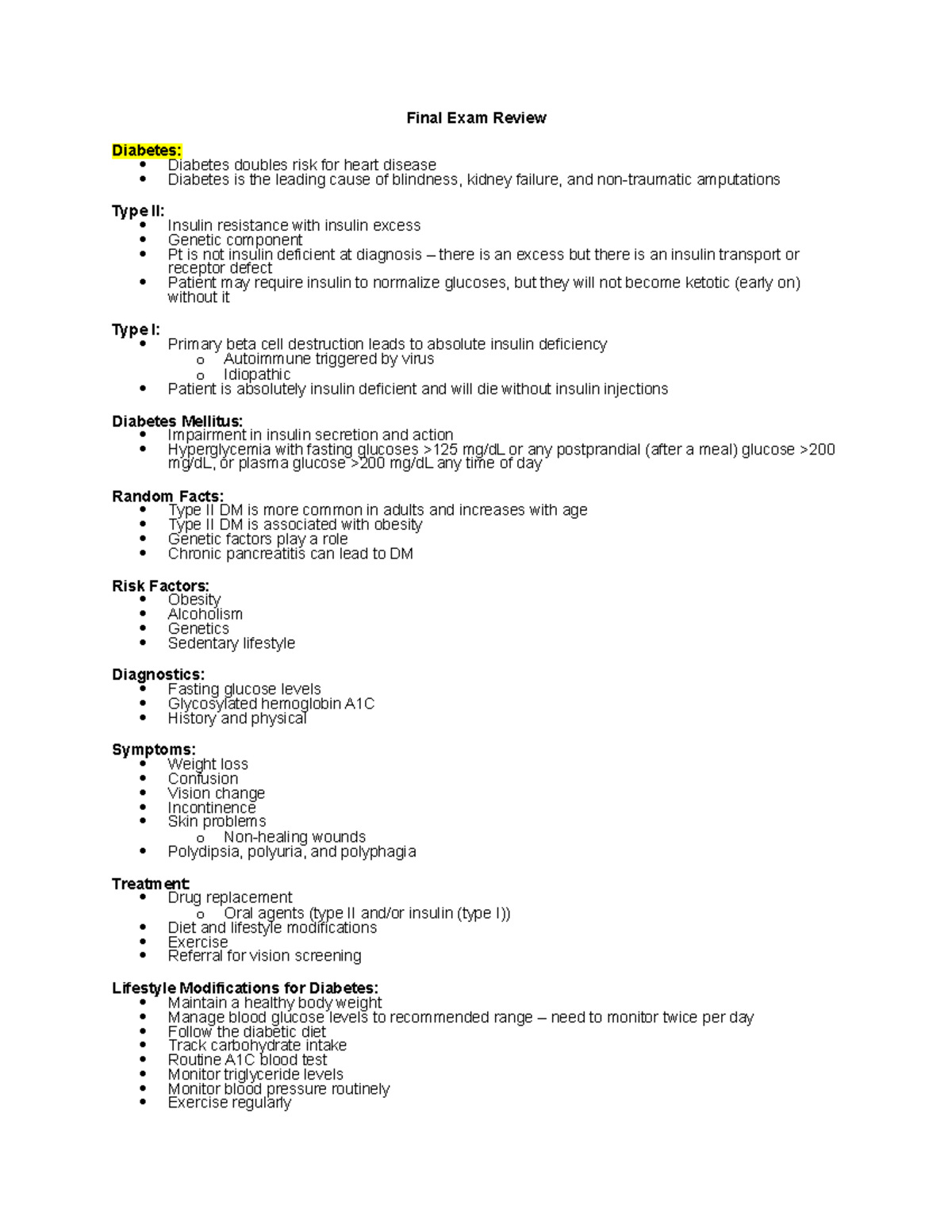 Final Exam Review - notes - Final Exam Review Diabetes: Diabetes ...