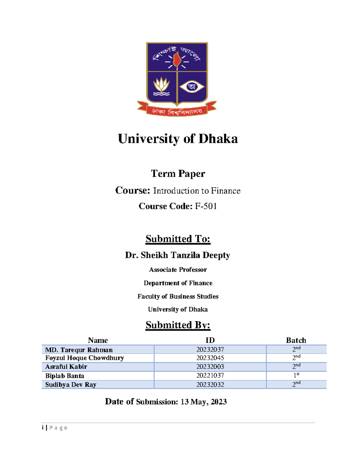 Introduction to Finances-Term Paper-updated - i | P a g e University of ...