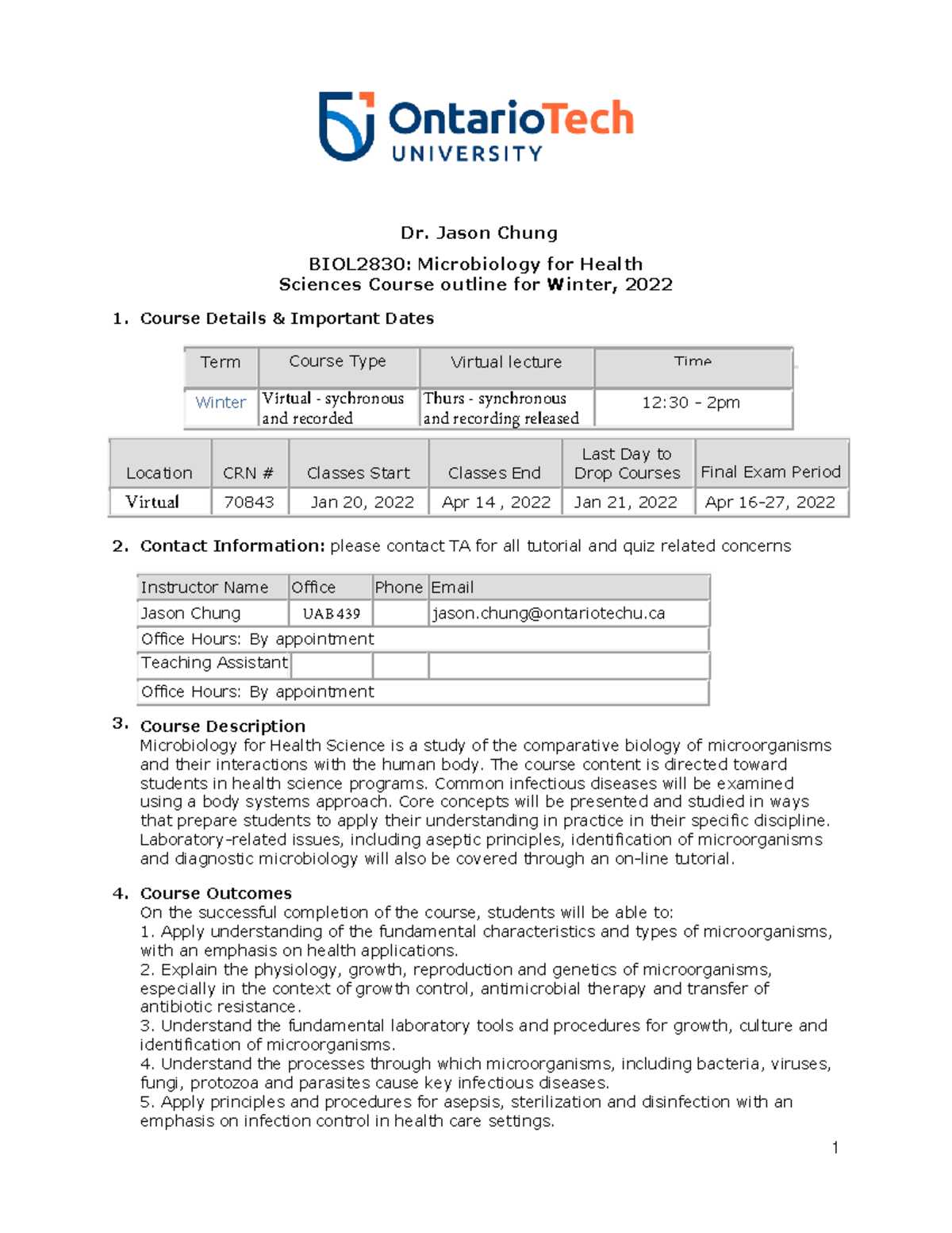 Microbiology 2830 Syllabus 2022 20202 - HLSC2820U - Ontario Tech ...