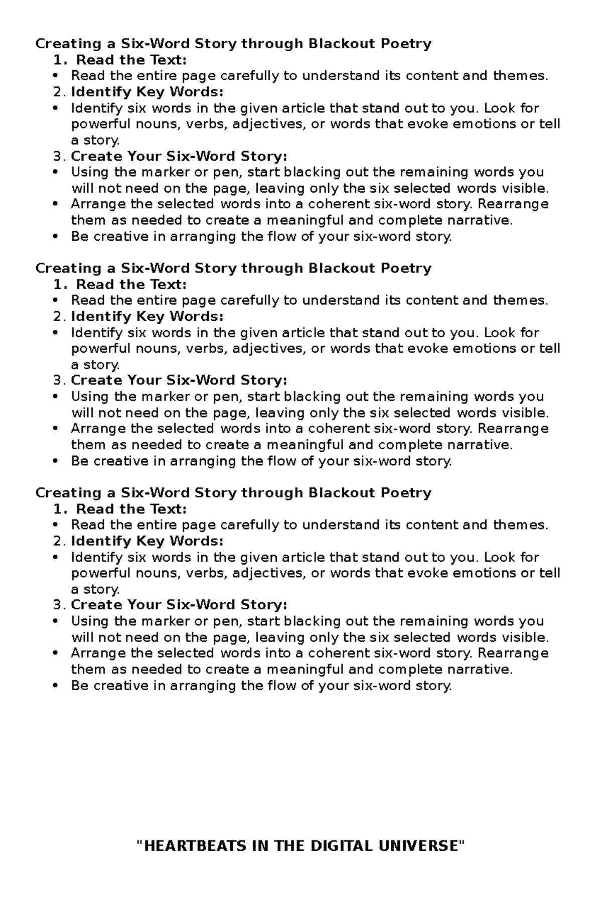 Blackout Poetry - Read the Text: Read the entire page carefully to ...