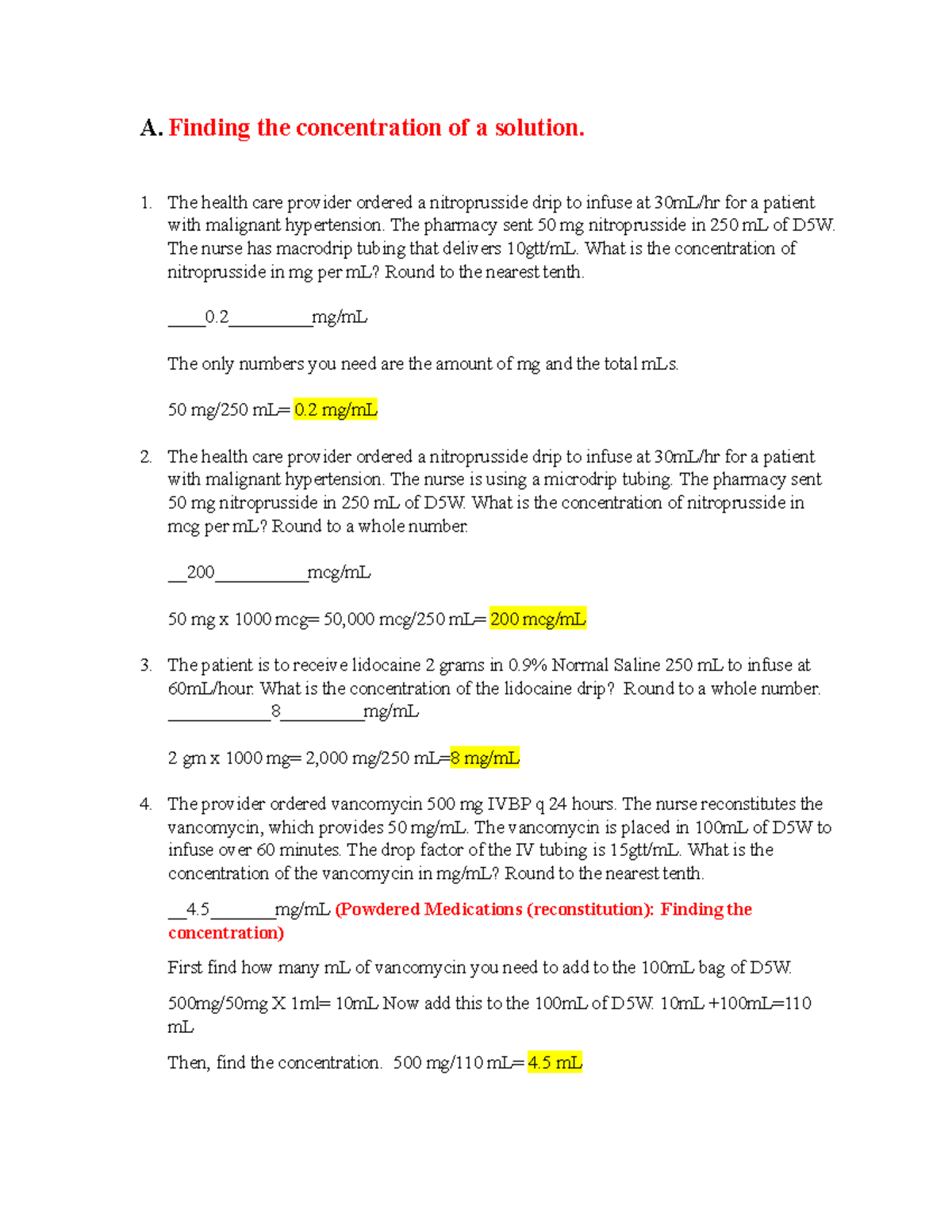 Math 1 - Med surg II critical care dosage calculations practice ...
