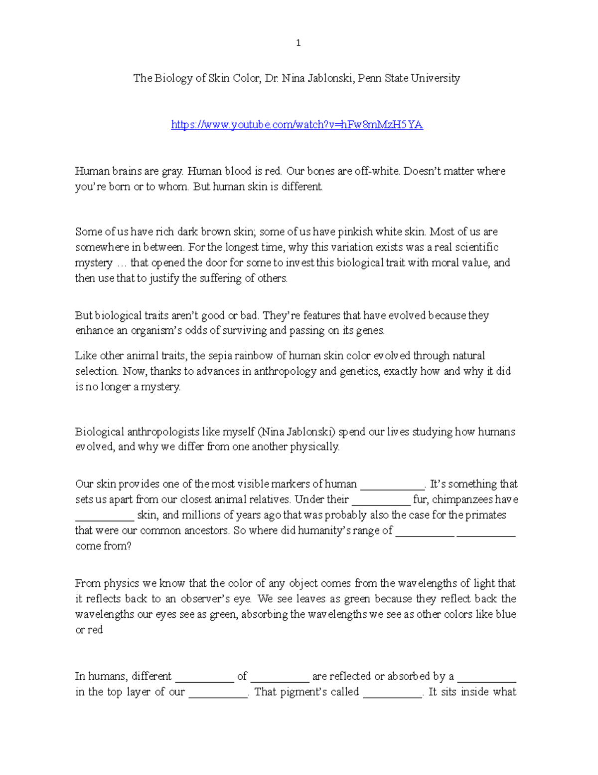 Video Transcript and Link Nov 29 The Biology of Skin Color - The ...