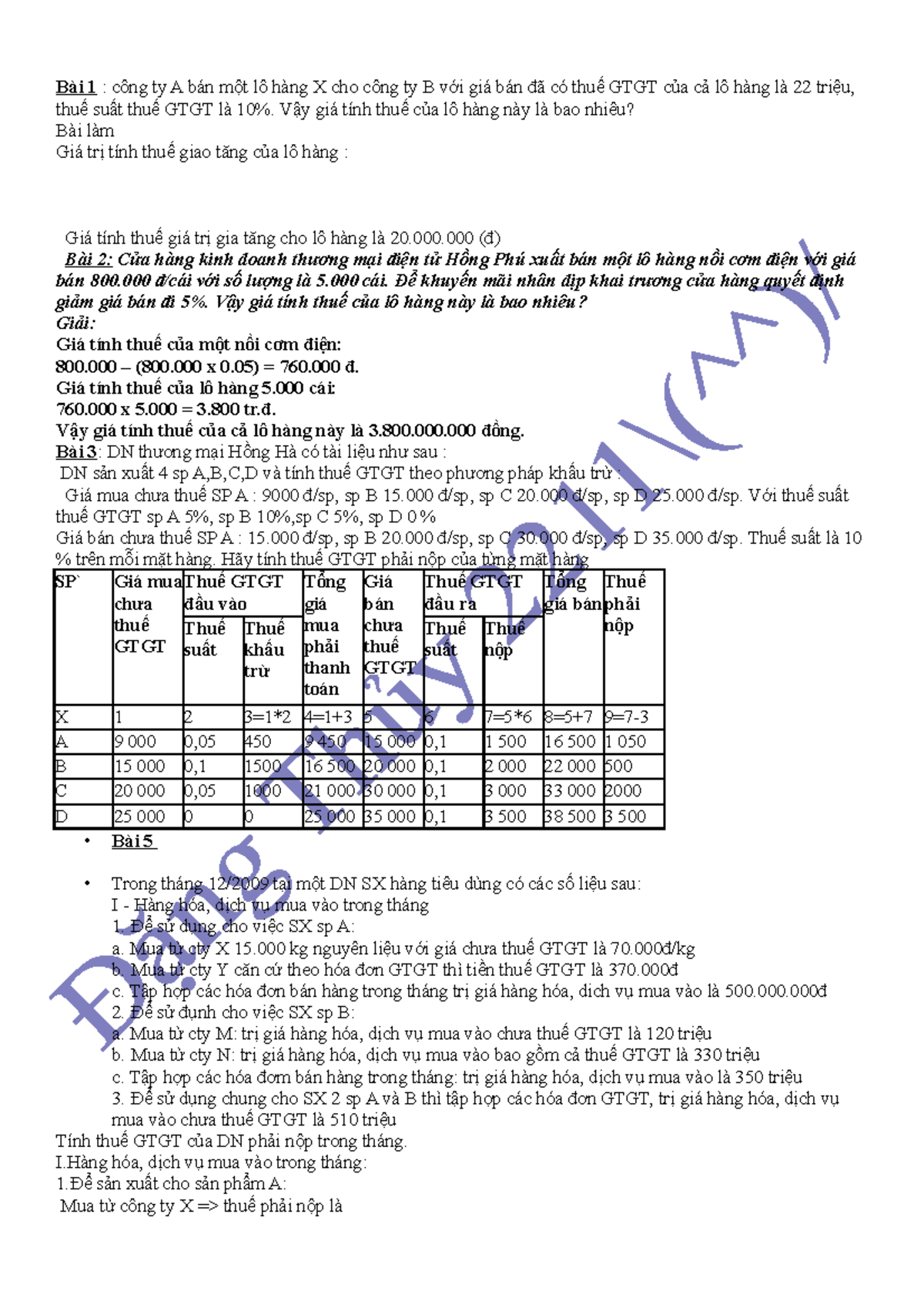 100 BT THUE - BT thuế - Bài 1 : công ty A bán một lô hàng X cho công ty B với giá bán đã có thuế ...