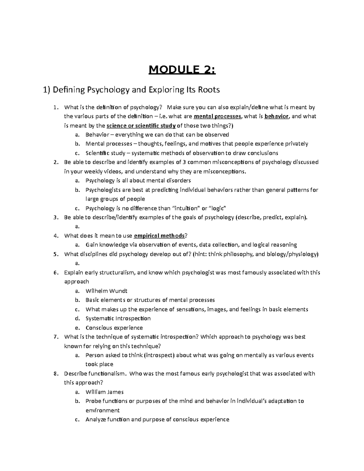 Module 2 Study Guide - MODULE 2: 1) Defining Psychology and Exploring ...