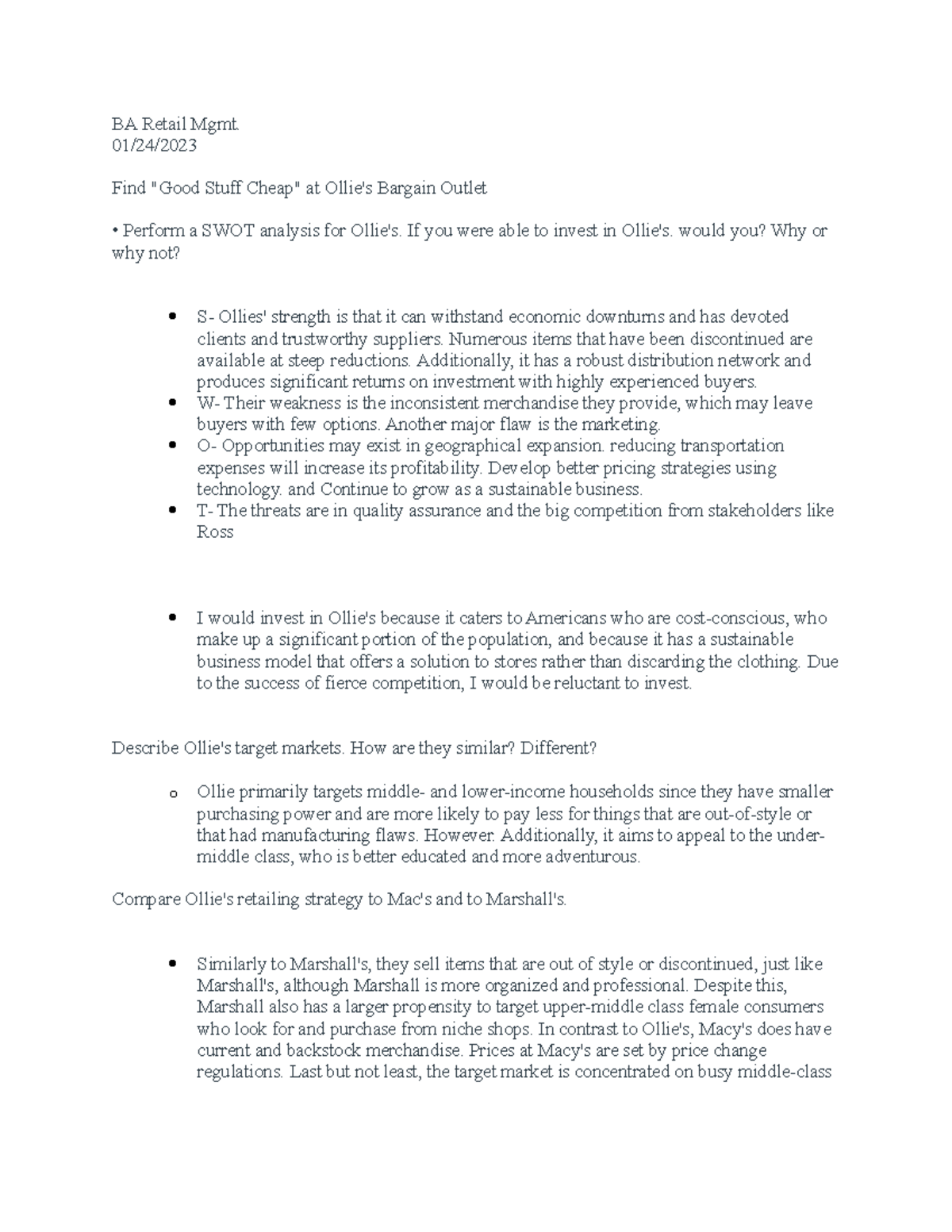 Reatail Mgmt Case Study - BA Retail Mgmt. 01/24/ Find "Good Stuff Cheap ...
