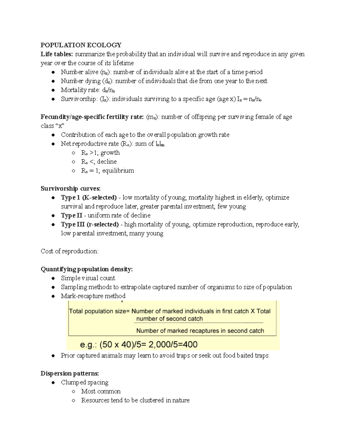 Ecology - POPULATION ECOLOGY Life tables: summarize the probability ...