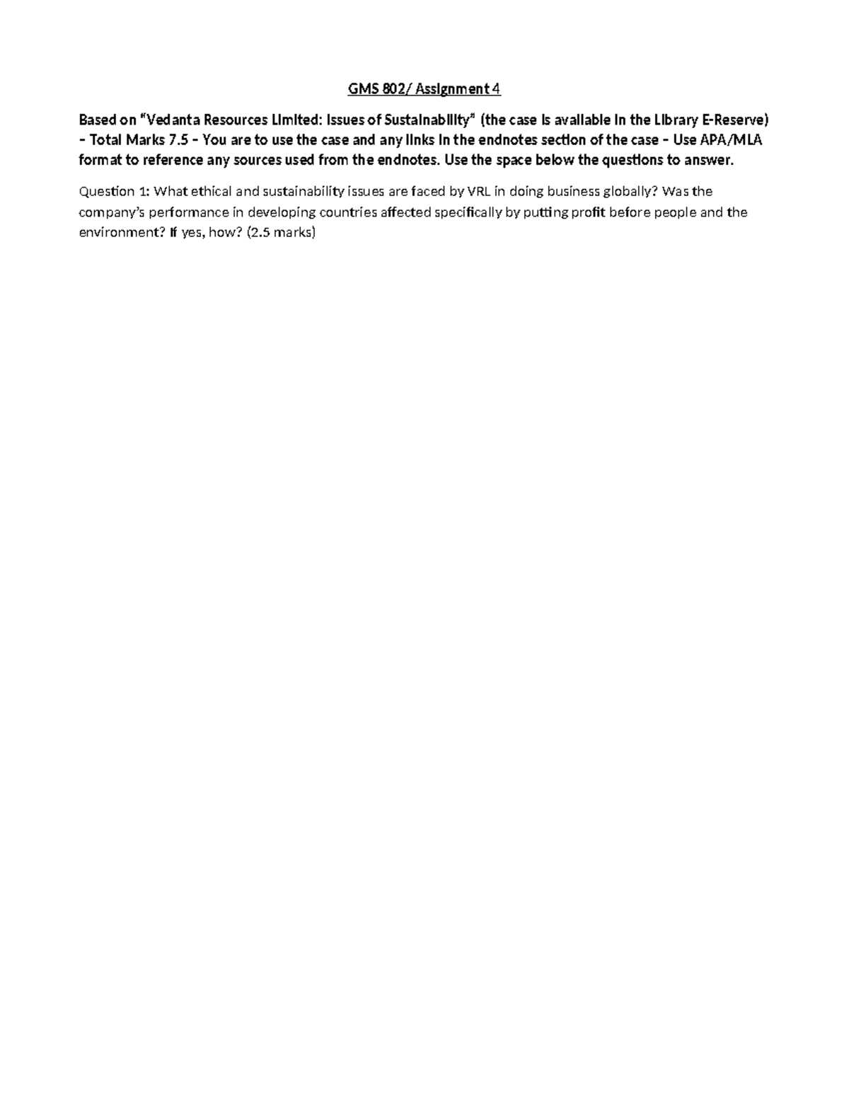 GMS 802 Assignment 4 - GMS 802/ Assignment 4 Based on “Vedanta ...