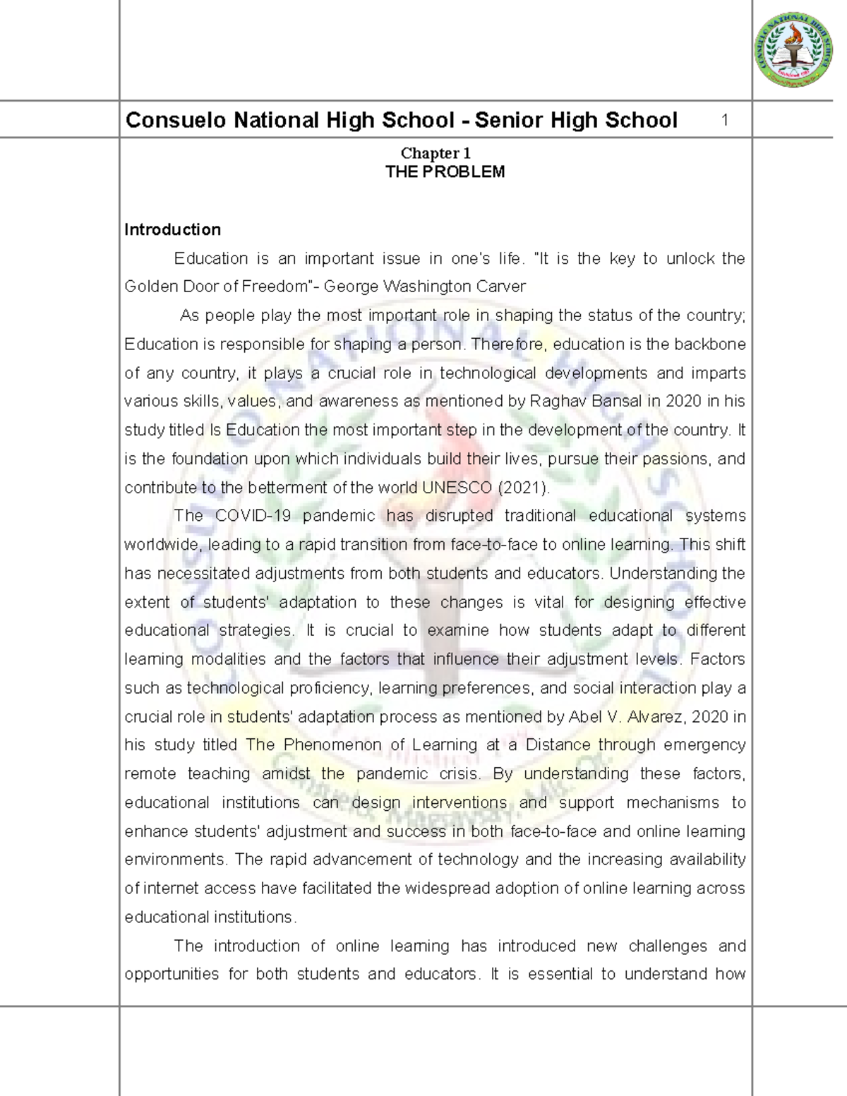 Comparative Analysis - Chapter 1 THE PROBLEM Introduction Education is ...